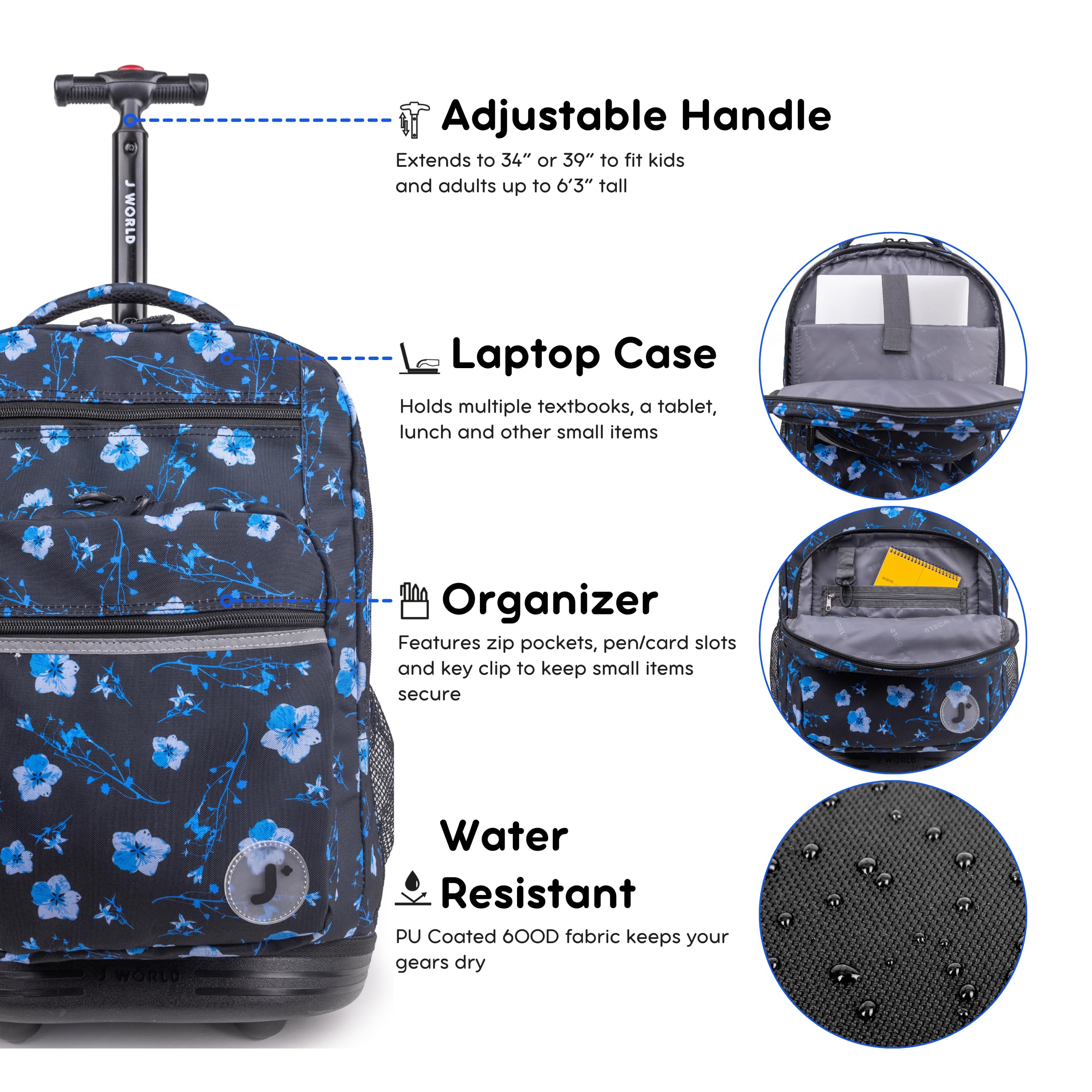 J World New York Sundance Rolling Backpack Girl Boy Roller Bookbag, Night Bloom, 20 X 13 X 9 (H X W X D)