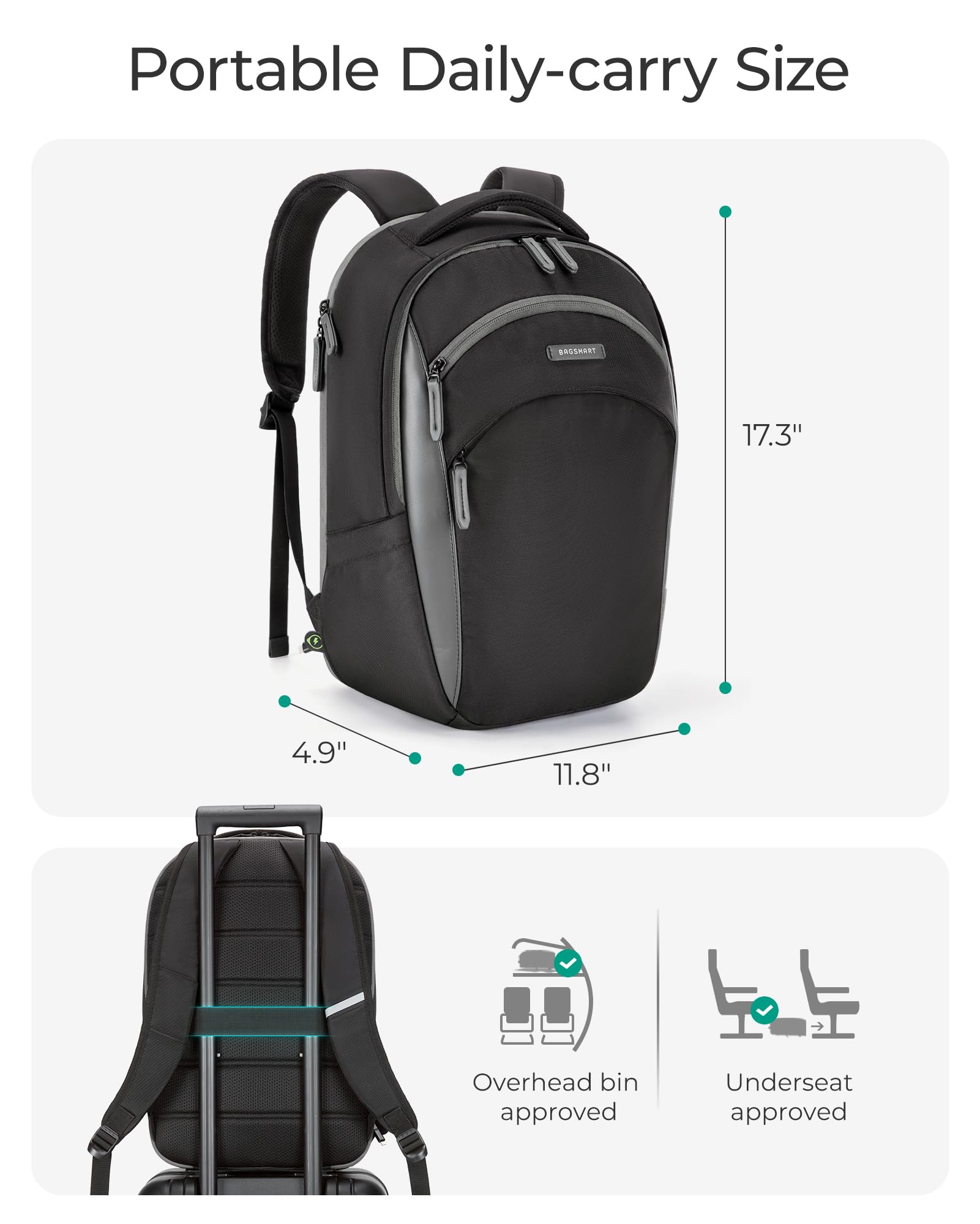 Travel Backpack for Men, BAGSMART 35L Carry On Backpack Flight Approved for Weekend Trip, Women/Mens Laptop Backpack for Work Commuter School with 17.3 inch Laptop Compartment & Water-resistant, Black