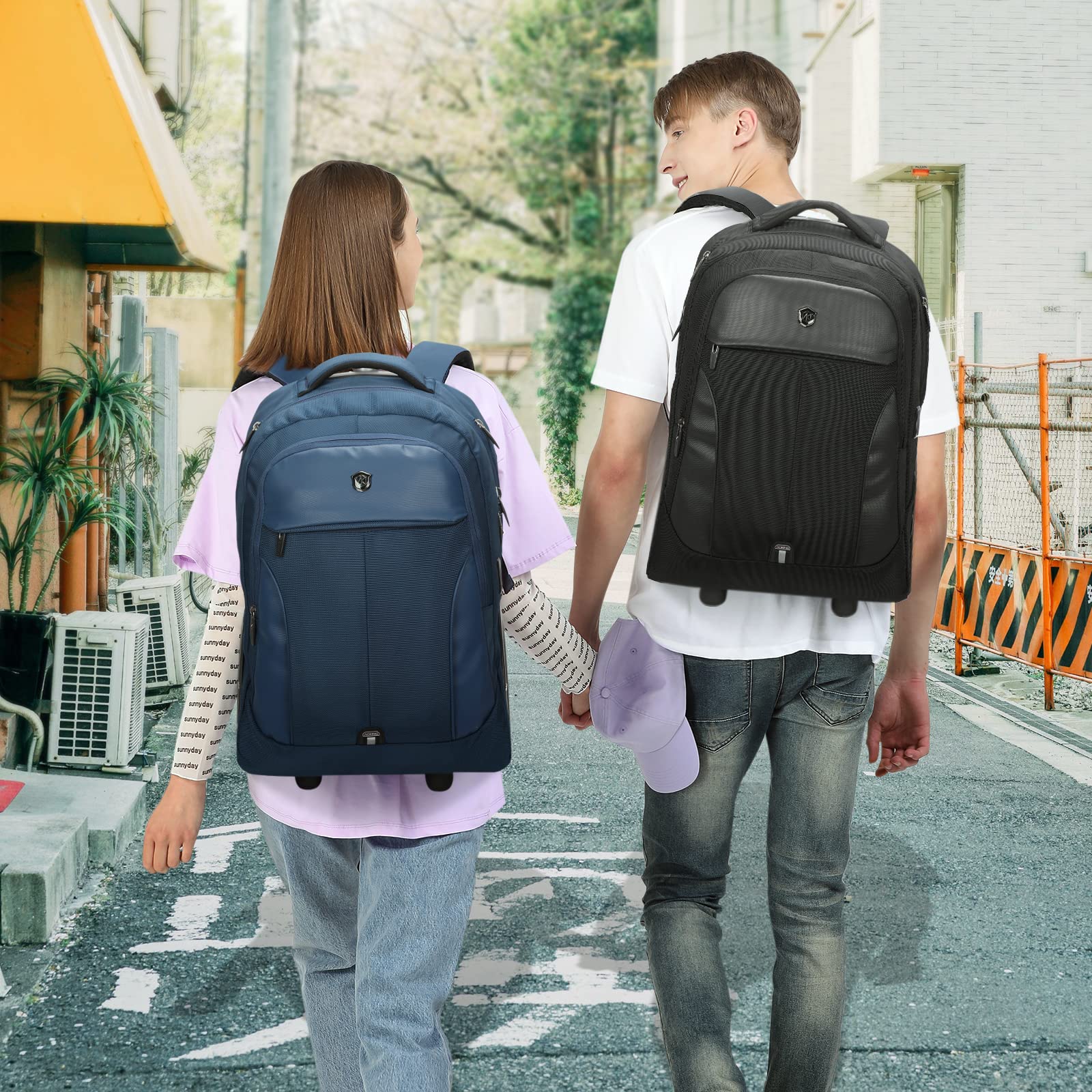 PINKSHE'S AOKING 18/20 Inch Large Wheeled Water Resistant Travel School Business Rolling Wheeled Backpack with Laptop (20inch, Black)