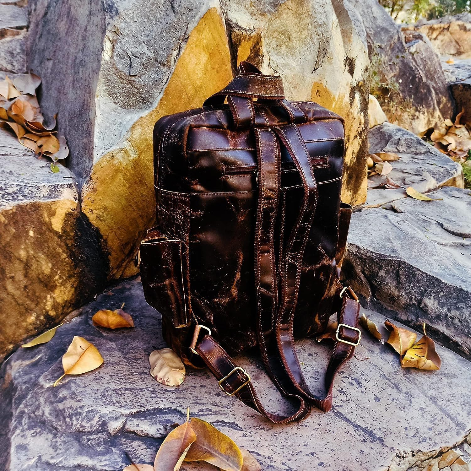 Buffalo Leather Backpack Multi Pockets Daypack Travel Laptop Bag for Men Women