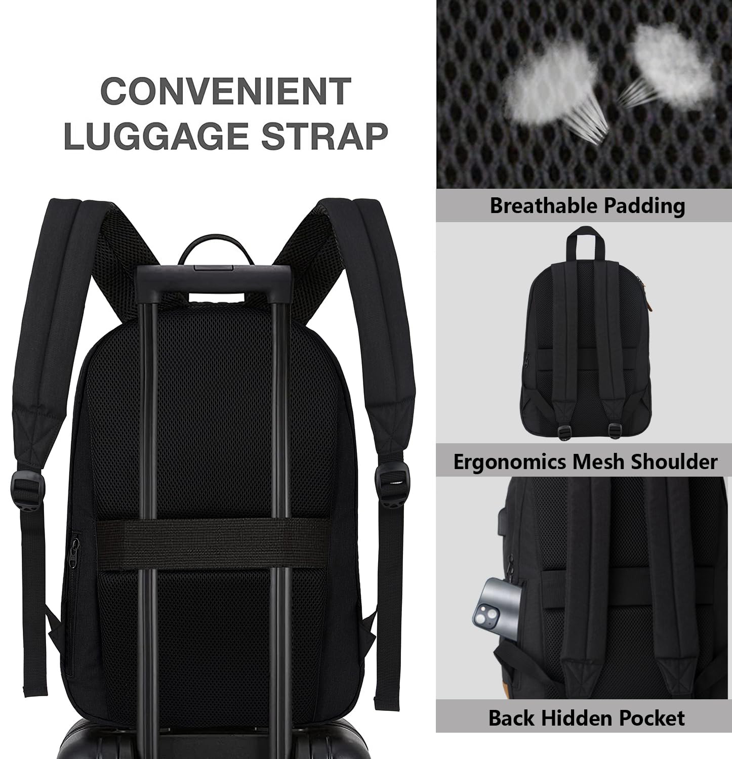 KEOFID classic water resistent travel backpack for men and women, Anti thief laptop backpack with USB charging port, work backpack, school bookbag for college, gift for boys and girls(BLACK)