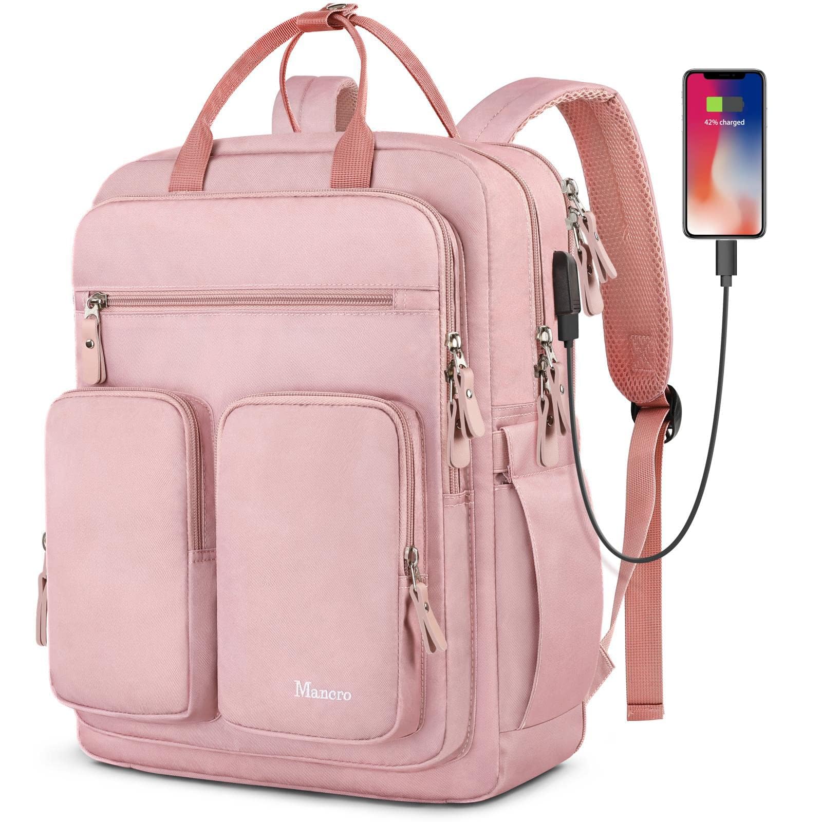 Mancro Travel Backpack for Women, 15.6 Inch Travel Laptop Backpack with USB Charging Port, Large School Backpacks for Girls, College Gifts Laptop Bookbag Teacher Backpacks, Pink
