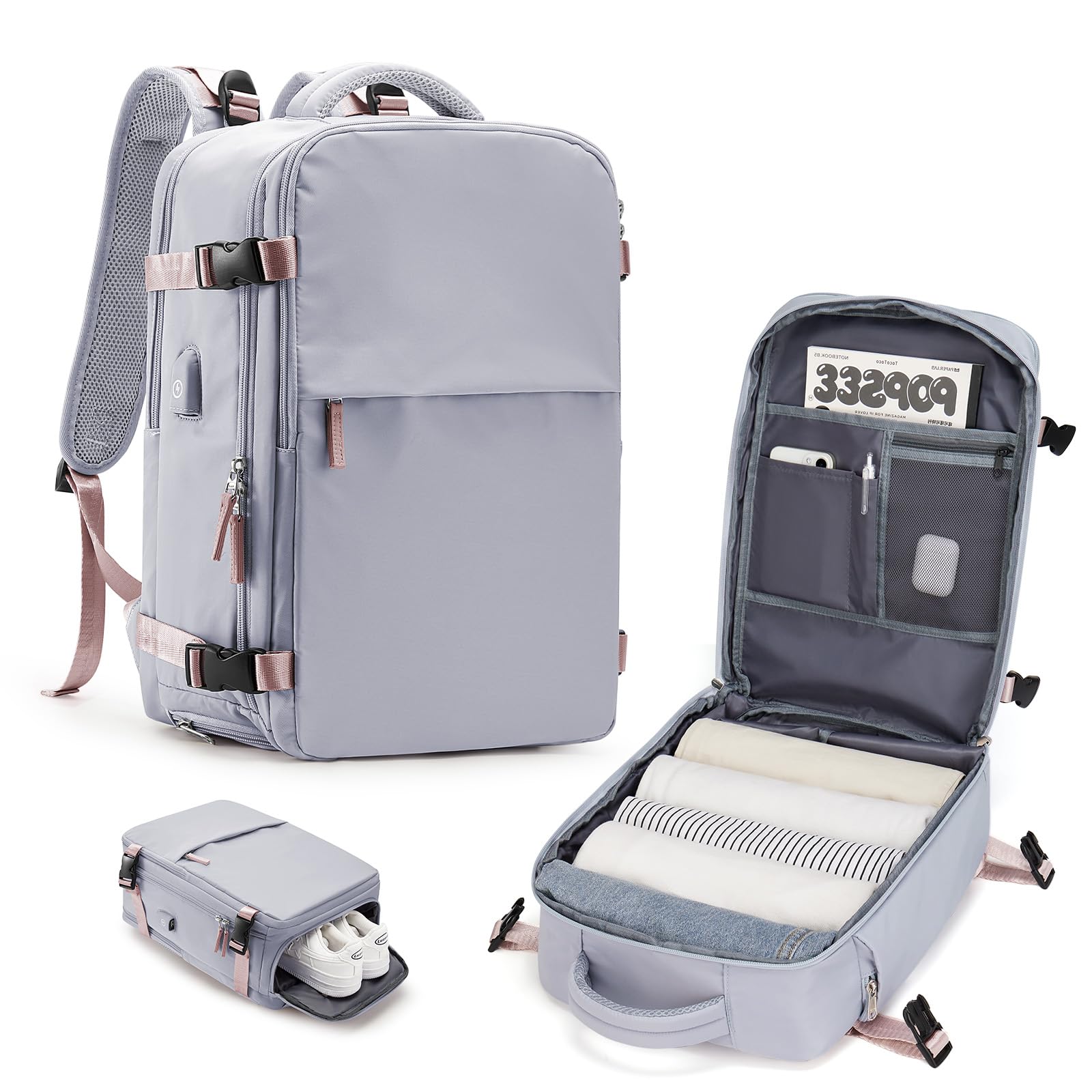 Large Travel Backpack Women, Carry On Backpack,Hiking Backpack Waterproof Outdoor Sports Rucksack Casual Daypack School Bag, Laptop Backpack Flight Approved,Light Purple