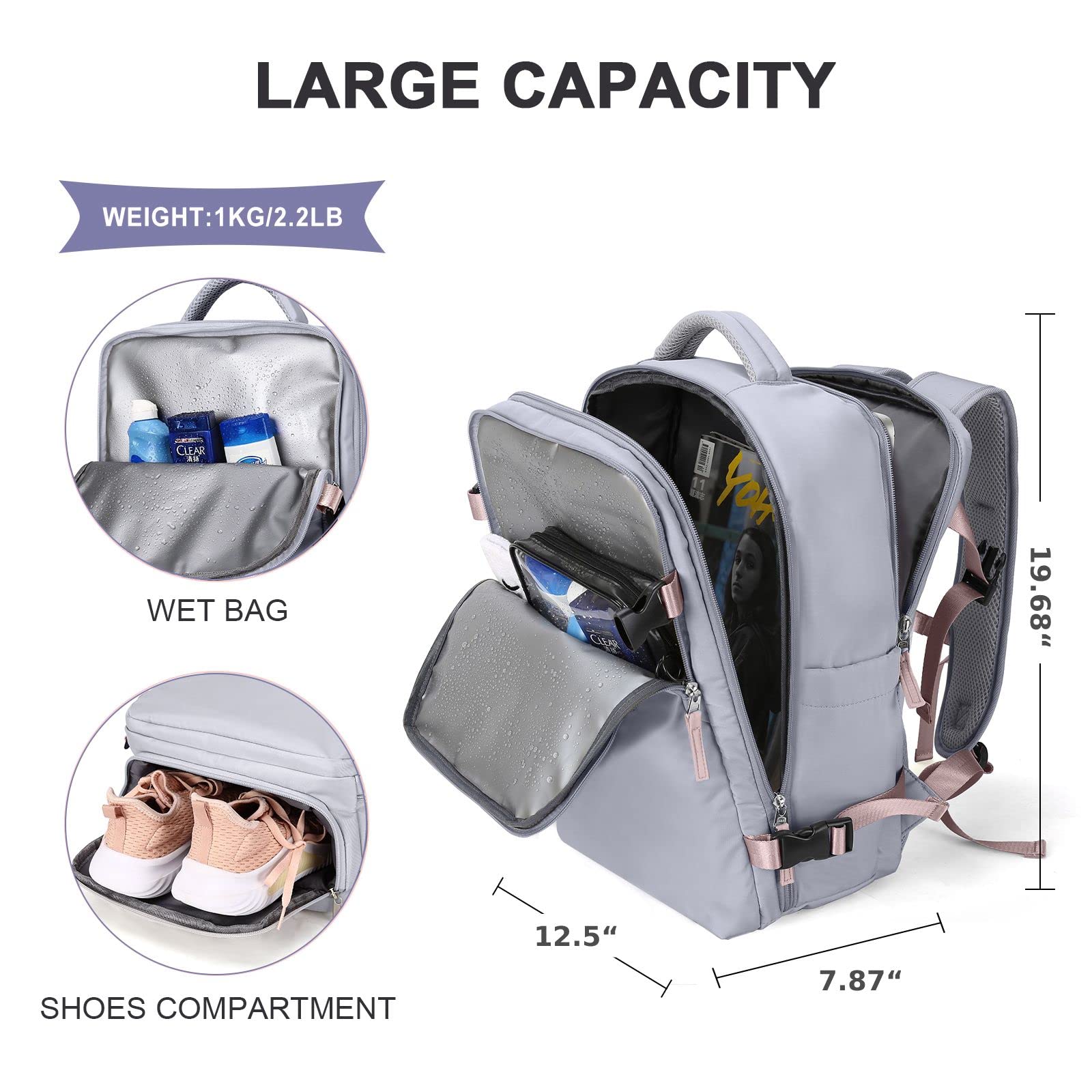 Large Travel Backpack Women, Carry On Backpack,Hiking Backpack Waterproof Outdoor Sports Rucksack Casual Daypack School Bag, Laptop Backpack Flight Approved,Light Purple