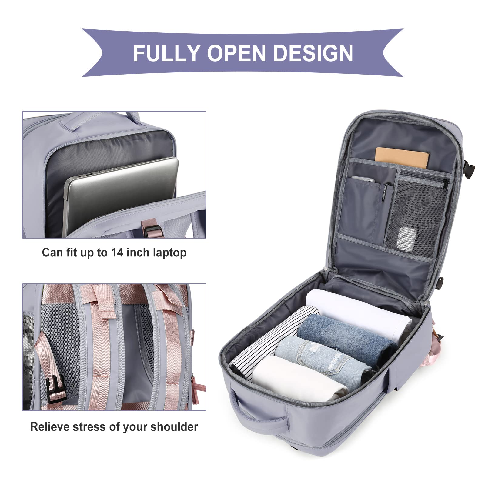 Large Travel Backpack Women, Carry On Backpack,Hiking Backpack Waterproof Outdoor Sports Rucksack Casual Daypack School Bag, Laptop Backpack Flight Approved,Light Purple