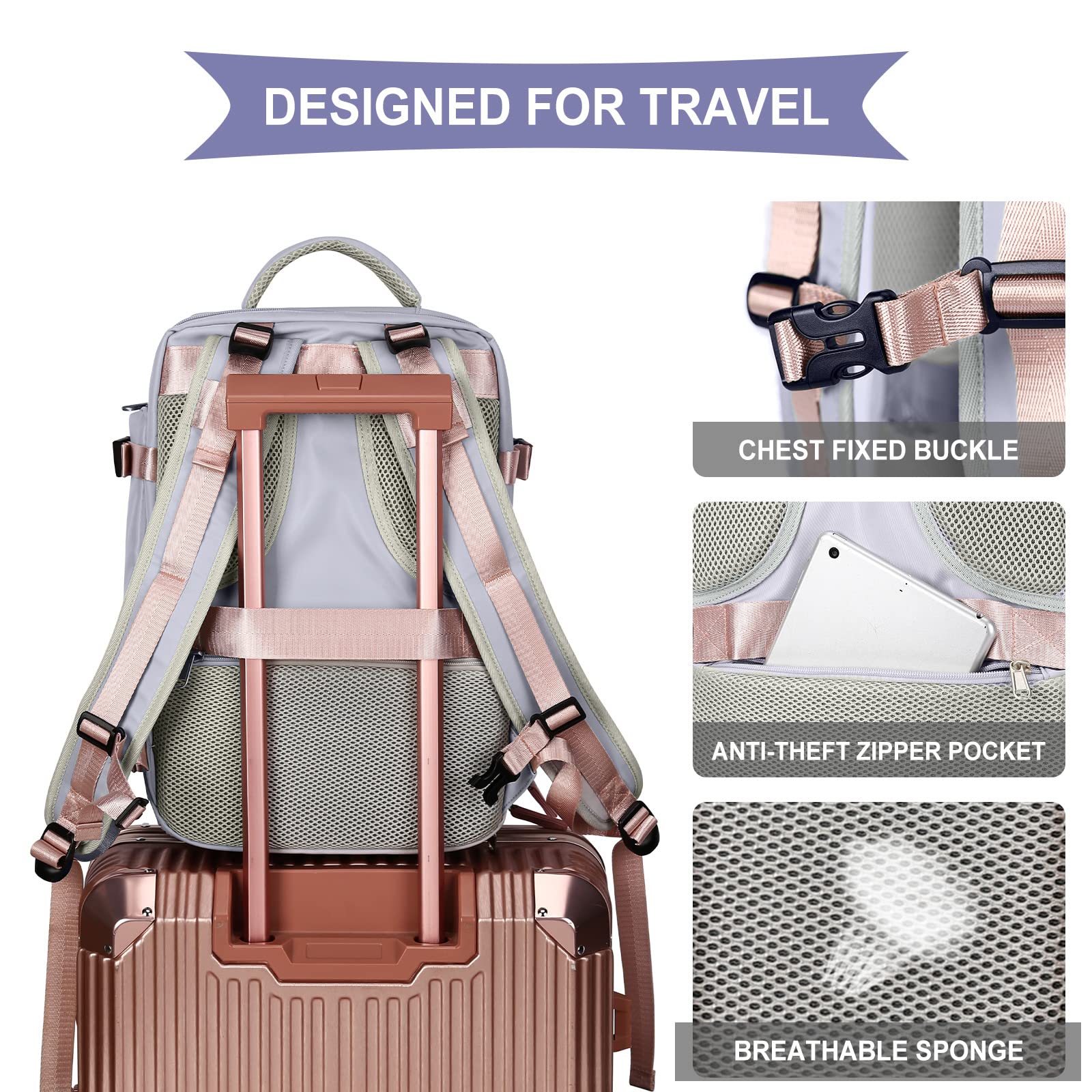 Large Travel Backpack Women, Carry On Backpack,Hiking Backpack Waterproof Outdoor Sports Rucksack Casual Daypack School Bag, Laptop Backpack Flight Approved,Light Purple