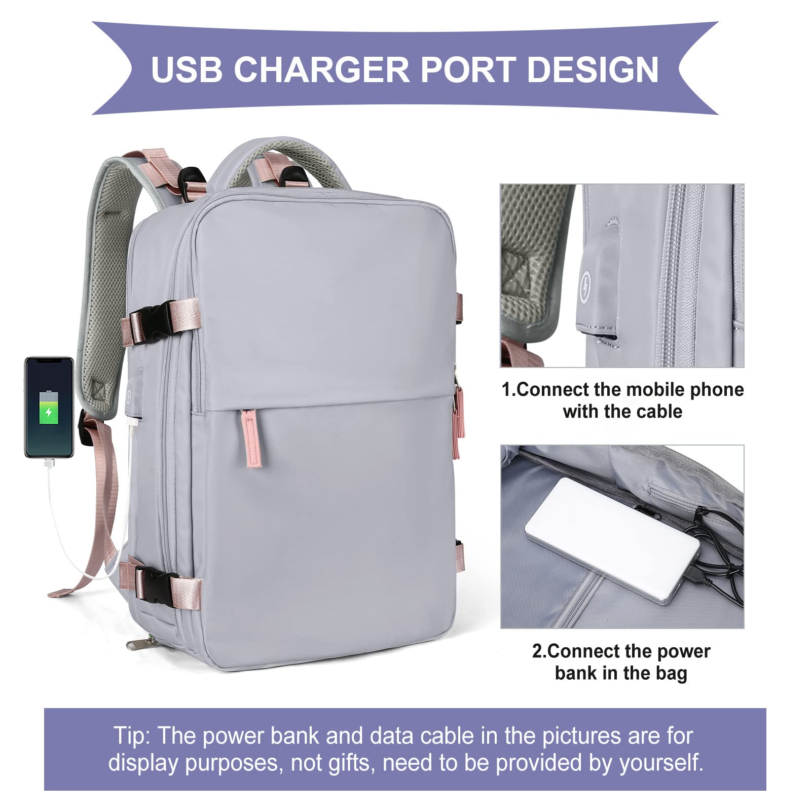 Large Travel Backpack Women, Carry On Backpack,Hiking Backpack Waterproof Outdoor Sports Rucksack Casual Daypack School Bag, Laptop Backpack Flight Approved,Light Purple