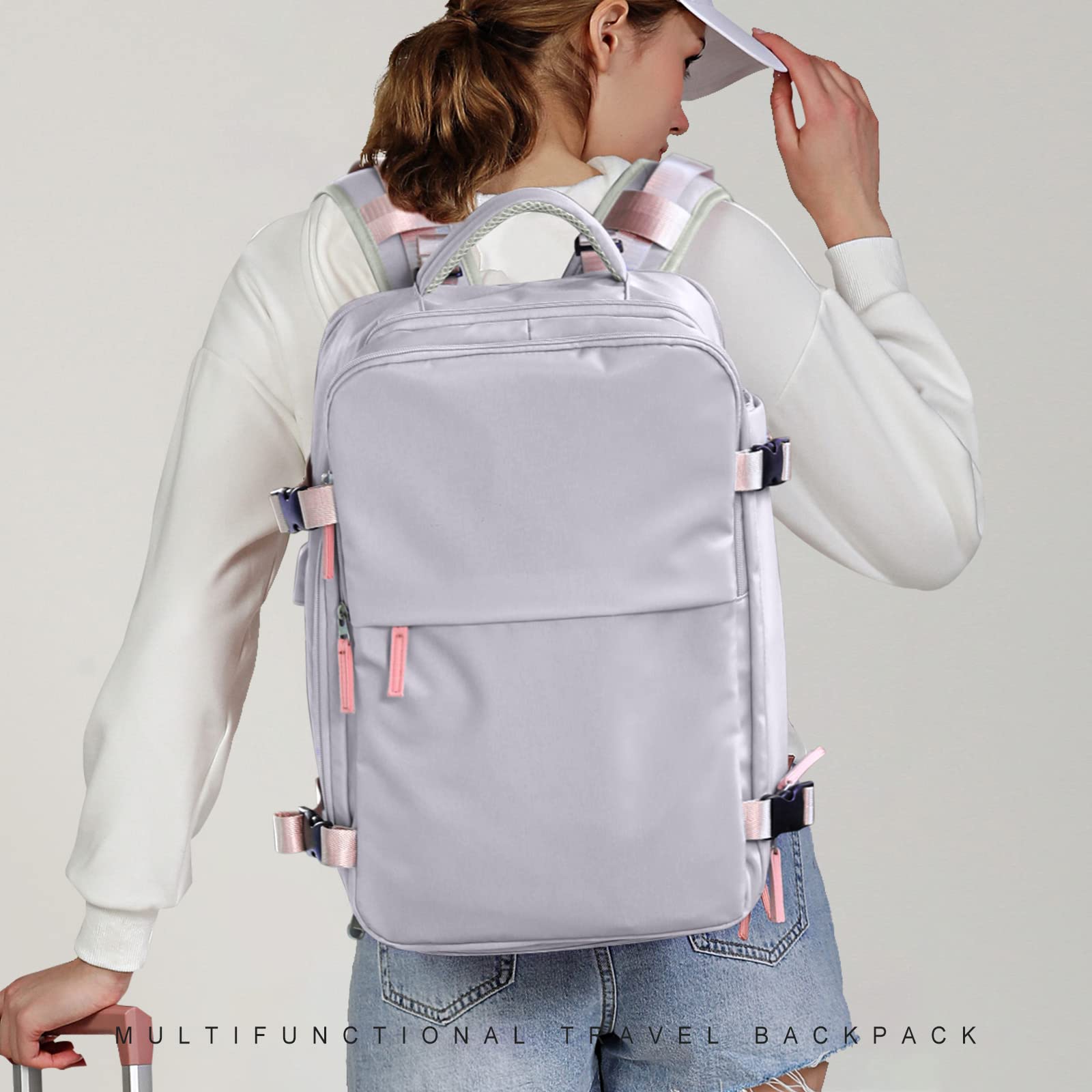 Large Travel Backpack Women, Carry On Backpack,Hiking Backpack Waterproof Outdoor Sports Rucksack Casual Daypack School Bag, Laptop Backpack Flight Approved,Light Purple