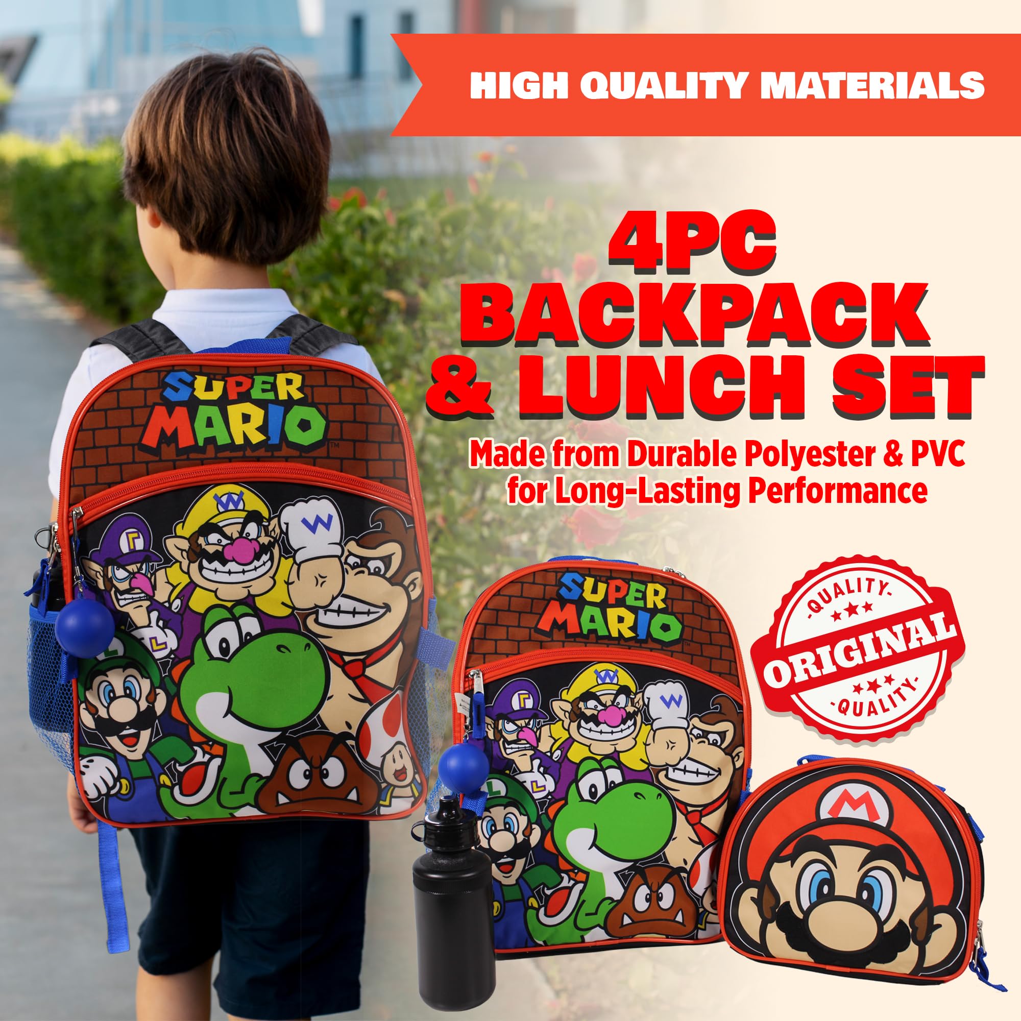 Nintendo Super Mario Bros Backpack with Lunch Box Set for Boys & Girls, 16 inch, 4 Piece Value Set
