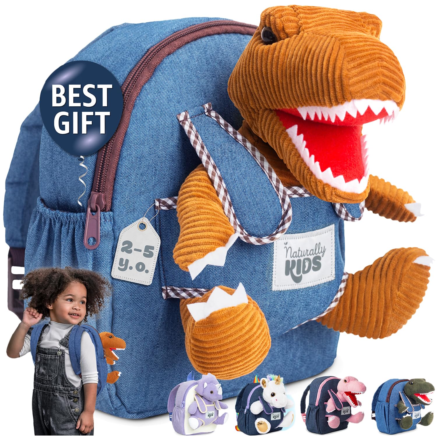 Naturally KIDS Small Dinosaur Backpack - Dinosaur Toys for Kids 3-5 - Toddler Backpack for Boy Girl w Stuffed Animal - Gifts for 3 Year Old Boy - w Pockets & Reflective Logo - Backpack w Brown T Rex