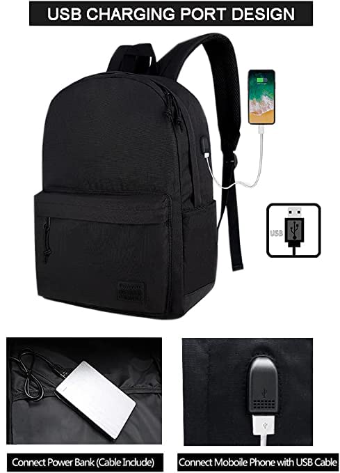 SUPACOOL Lightweight Casual Laptop Backpack & Pencil Pouch, Backpack with USB Charging Port for Men and Women School Bookbag for College Work backpack (Black backpack set)