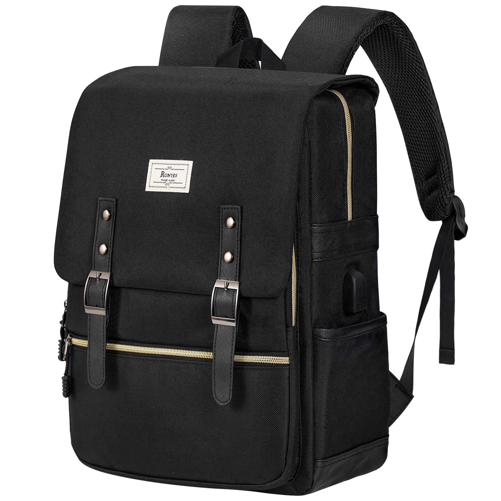 Ronyes Unisex College Bag Fits up to 15.6’’ Laptop Casual Rucksack Waterproof School Backpack Daypacks (AllBlackWithUSB)