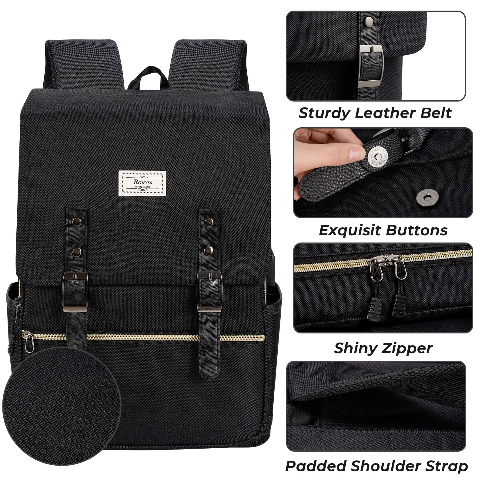 Ronyes Unisex College Bag Fits up to 15.6’’ Laptop Casual Rucksack Waterproof School Backpack Daypacks (AllBlackWithUSB)