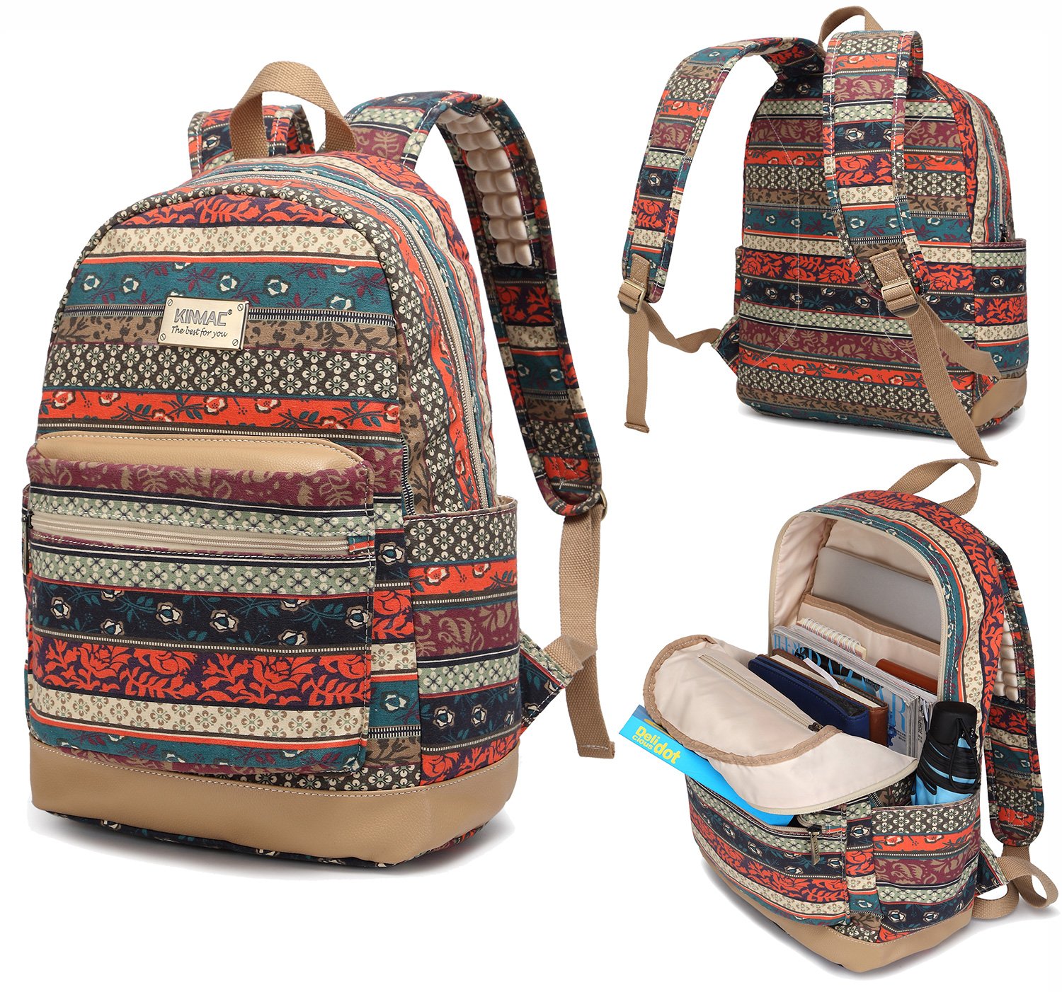 Kinmac New Bohemian Laptop Backpack with Massage Cushioned Straps Student Travel Outdoor Backpack for Laptop Up to 15.6 Inch