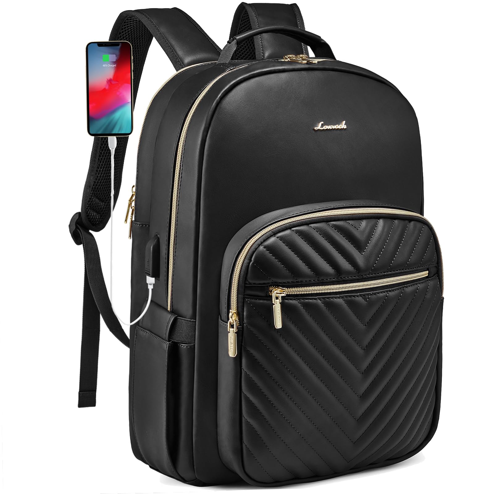 LOVEVOOK Laptop Backpack for Women, Eco-friendly Faux Leather Business Work Backpack Purse, Vintage Travel Backpack with USB Charging Port, Waterproof Teacher Nurse Bag Laptop Daypack, Brown