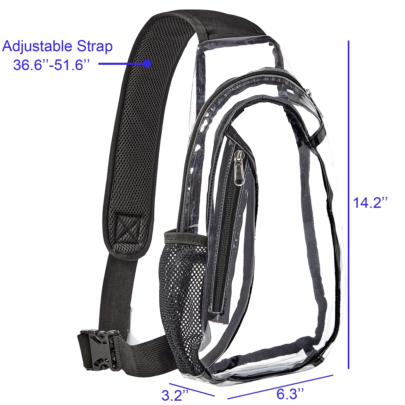 Clear Sling Bag, Stadium Approved Small PVC Crossbody Backpack, Transparent Casual Chest Daypack for Hiking, Stadium or Concerts, Black