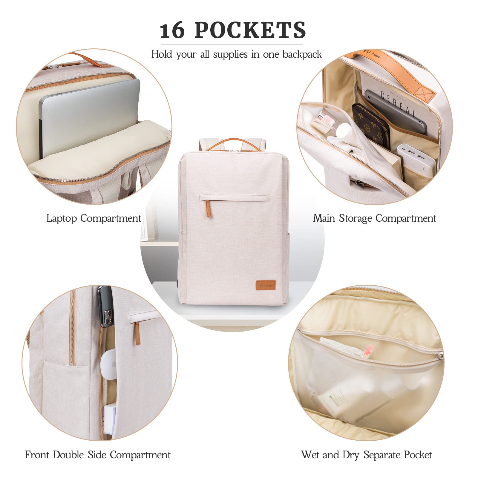 Hp hope Smart Backpack for Women Travel, Durable Carry On Backpack with USB Charging Port & Wet Pocket Fits 15.6 Inch Laptop, Beige