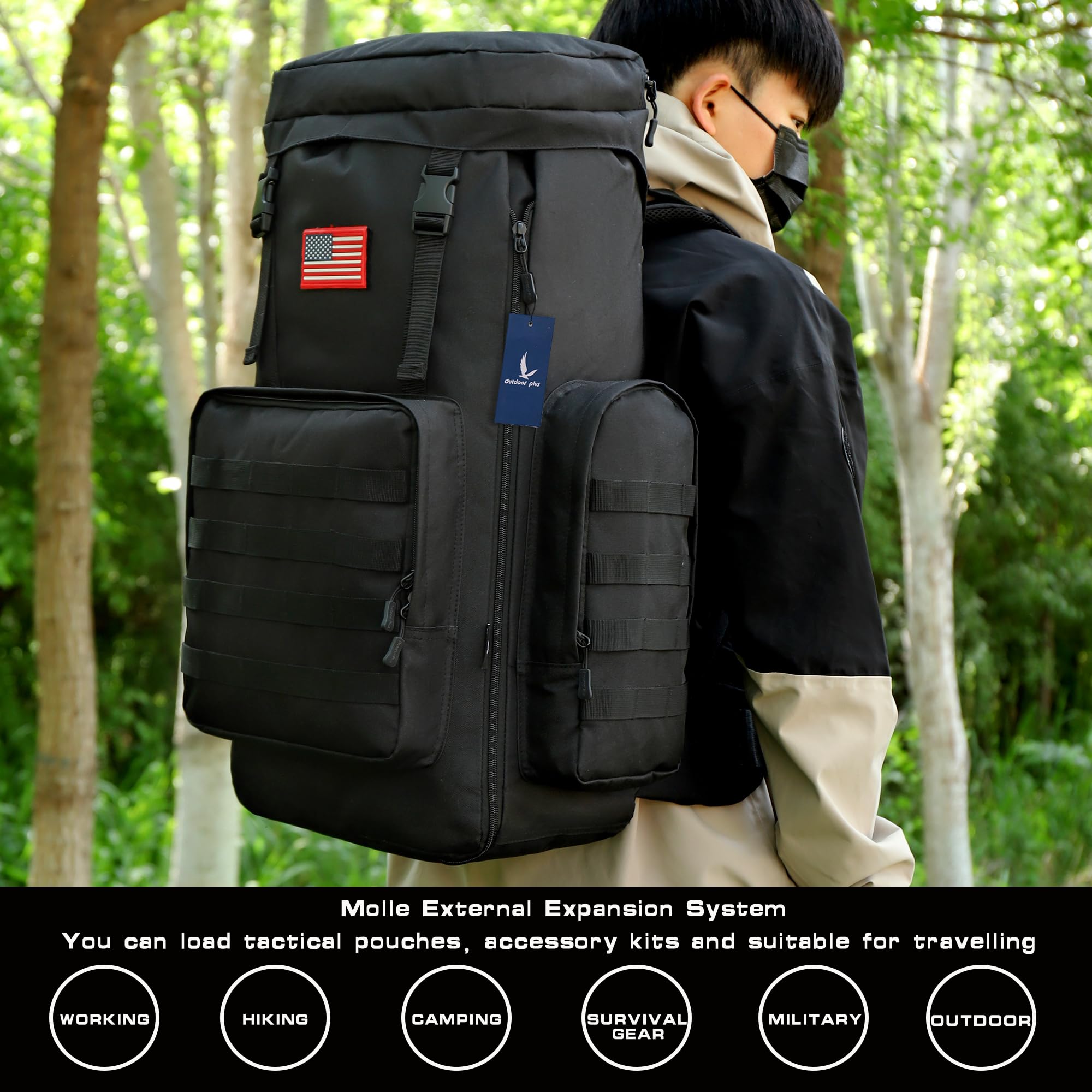 outdoor plus Extra Large Camping Backpack For Men, Hiking Backpacking Backpack, 60 Liter 70l Oversized Rucksack Waterproof