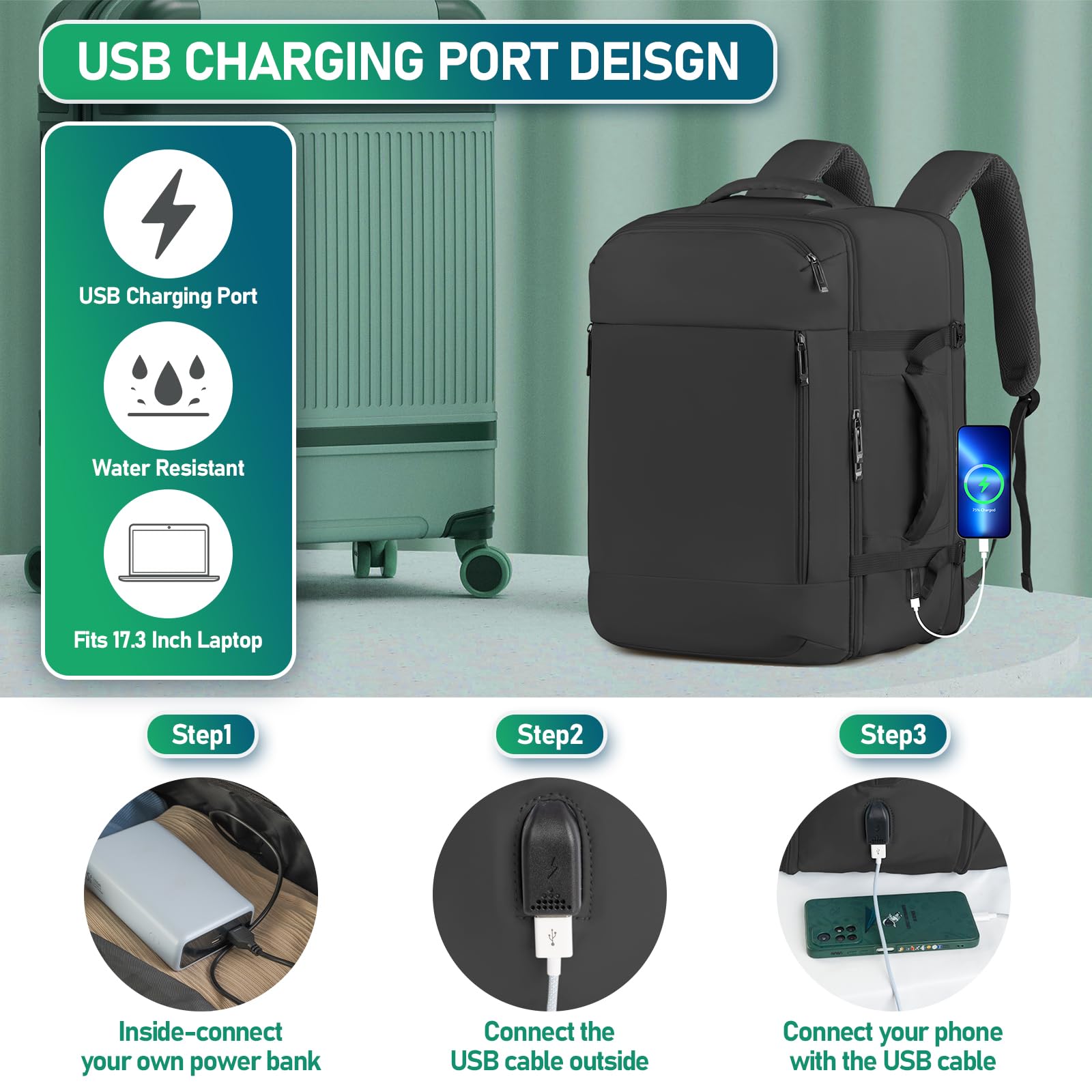 Carry On Backpack, Large Travel Backpack, Extra Large Expandable 40L Airline Approved Business Travel Backpack, Anti Theft Waterproof Luggage Backpack With USB Port Computer Backpack For Men & Women