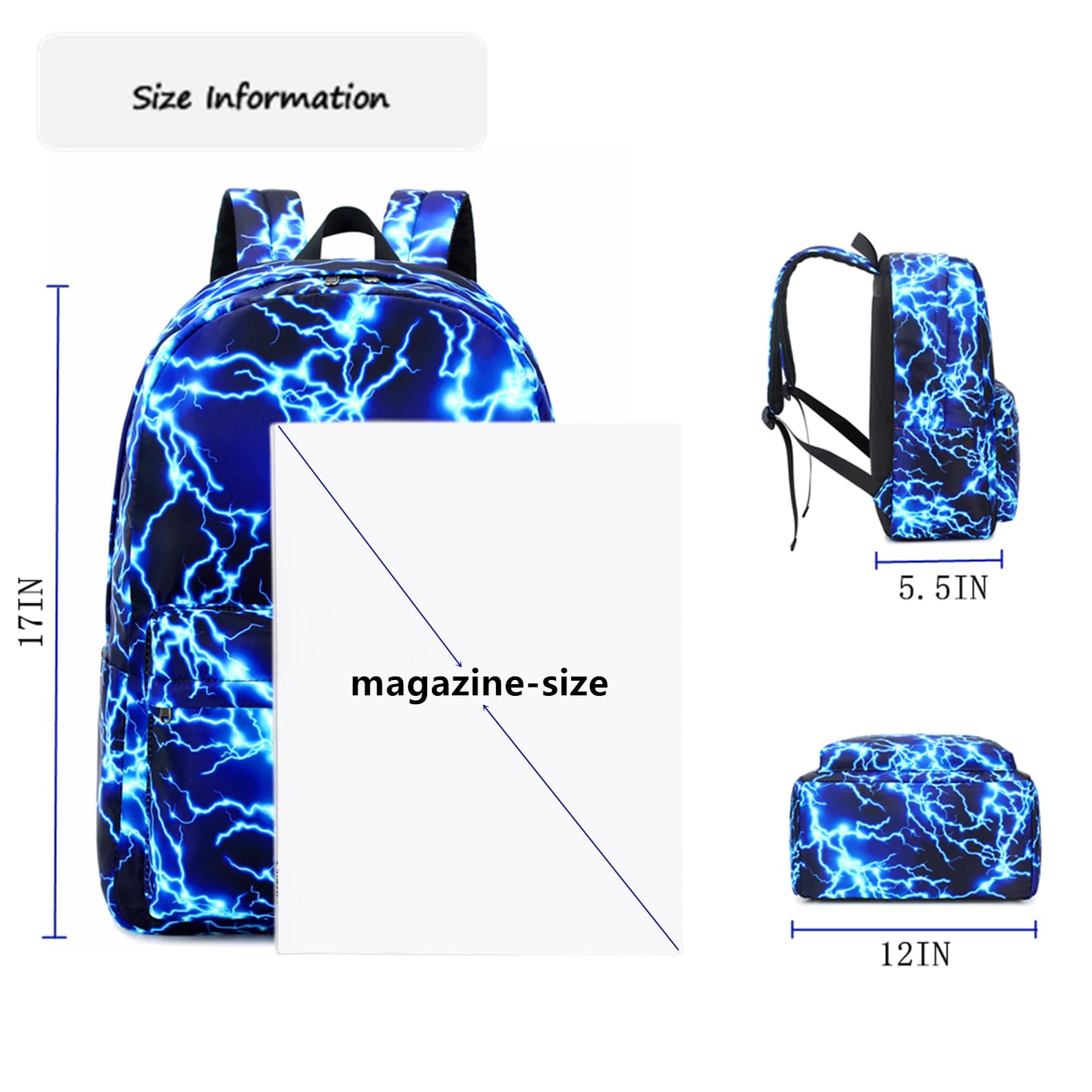 mezhsa Boy School Backpack Elementary Middle Lightning Bookbag Laptop Teenager Waterproof Lightweight 17 Inches (Blue)