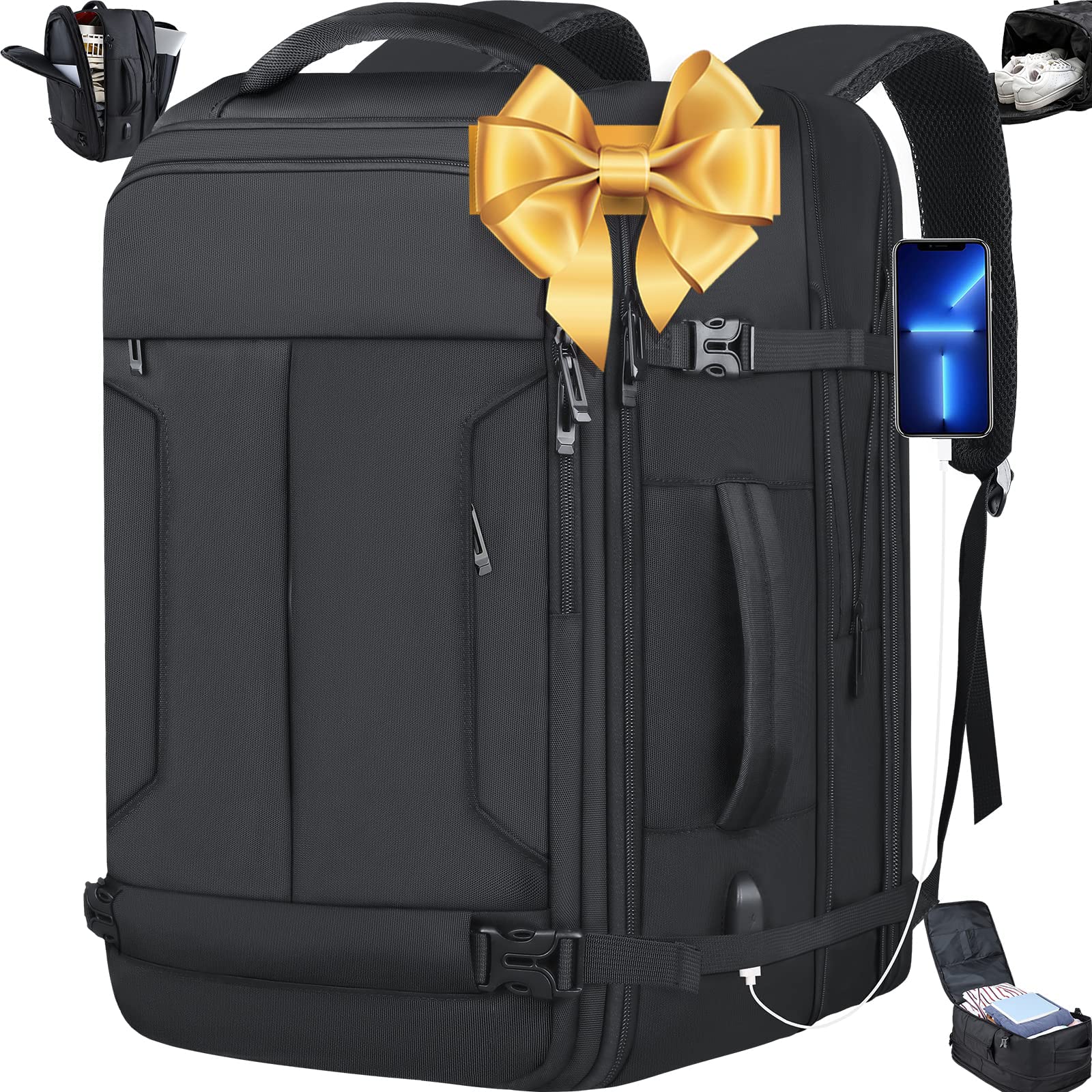 Large Travel Backpack, 50L Backpack, 18 Inch Backpack Carry On Luggage, Convertible Lightweight Expandable Travel Back Pack for Men Carry on, TSA Black Luggage Suitcase Backpack Mens Travel Gifts 17.3