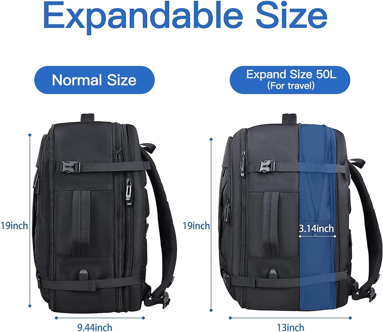 Large Travel Backpack, 50L Backpack, 18 Inch Backpack Carry On Luggage, Convertible Lightweight Expandable Travel Back Pack for Men Carry on, TSA Black Luggage Suitcase Backpack Mens Travel Gifts 17.3