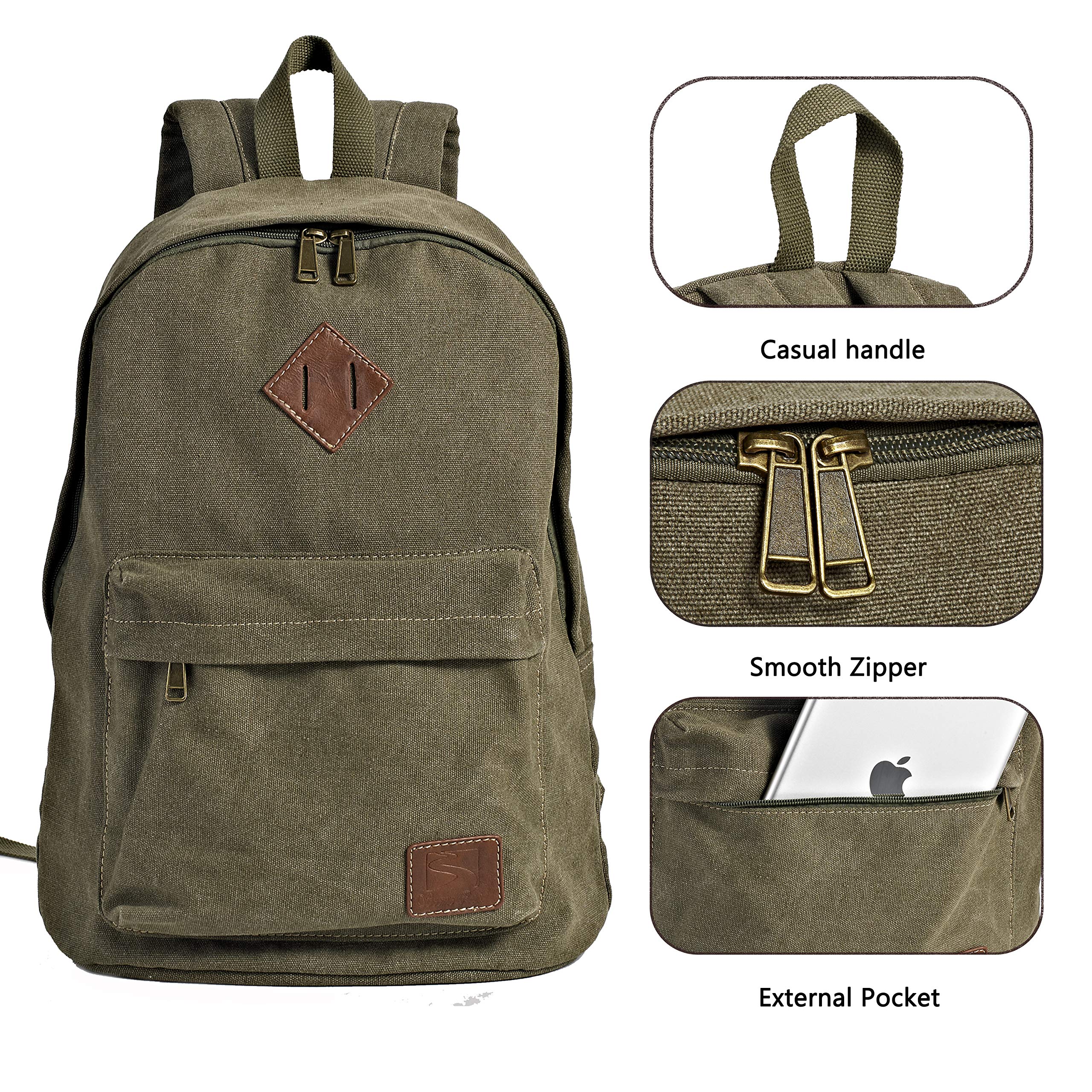 seemeroad Canvas School Laptop Backpack , Durable Rucksack, Travel Notebook Bag, for Men Women Military Green One_Size