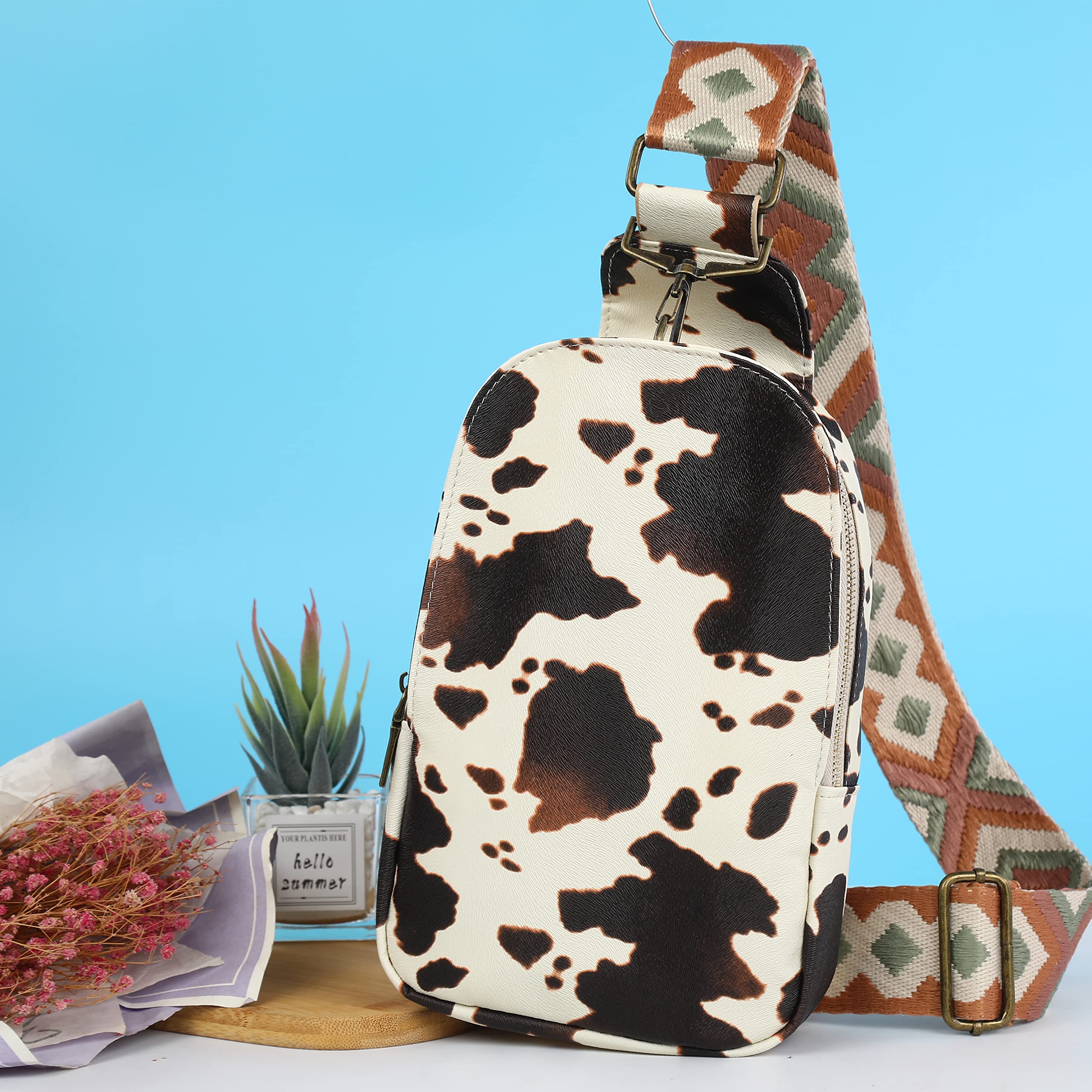 Mzjeaziany Women Chest Bag Sling Bag Small Crossbody PU Leather Satchel Daypack Shoulder backpack for traveling hiking…(cow cloud)