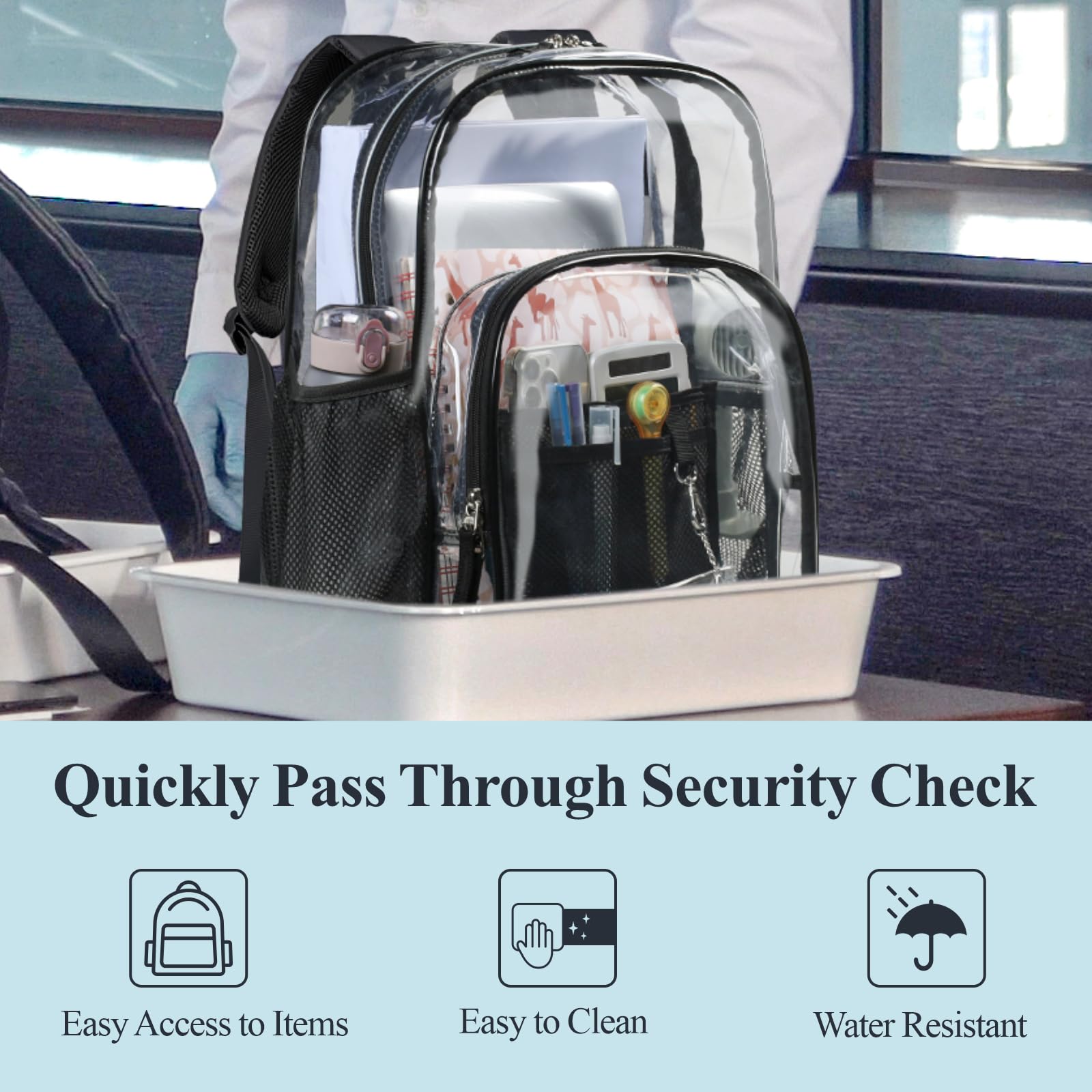 PACKISM Clear Backpack, Large Clear Backpack Heavy Duty Sturdy Shape Transparent Backpack, PVC See Through Backpack Clear Bookbag for Student, School, Workplace, Travel, Black