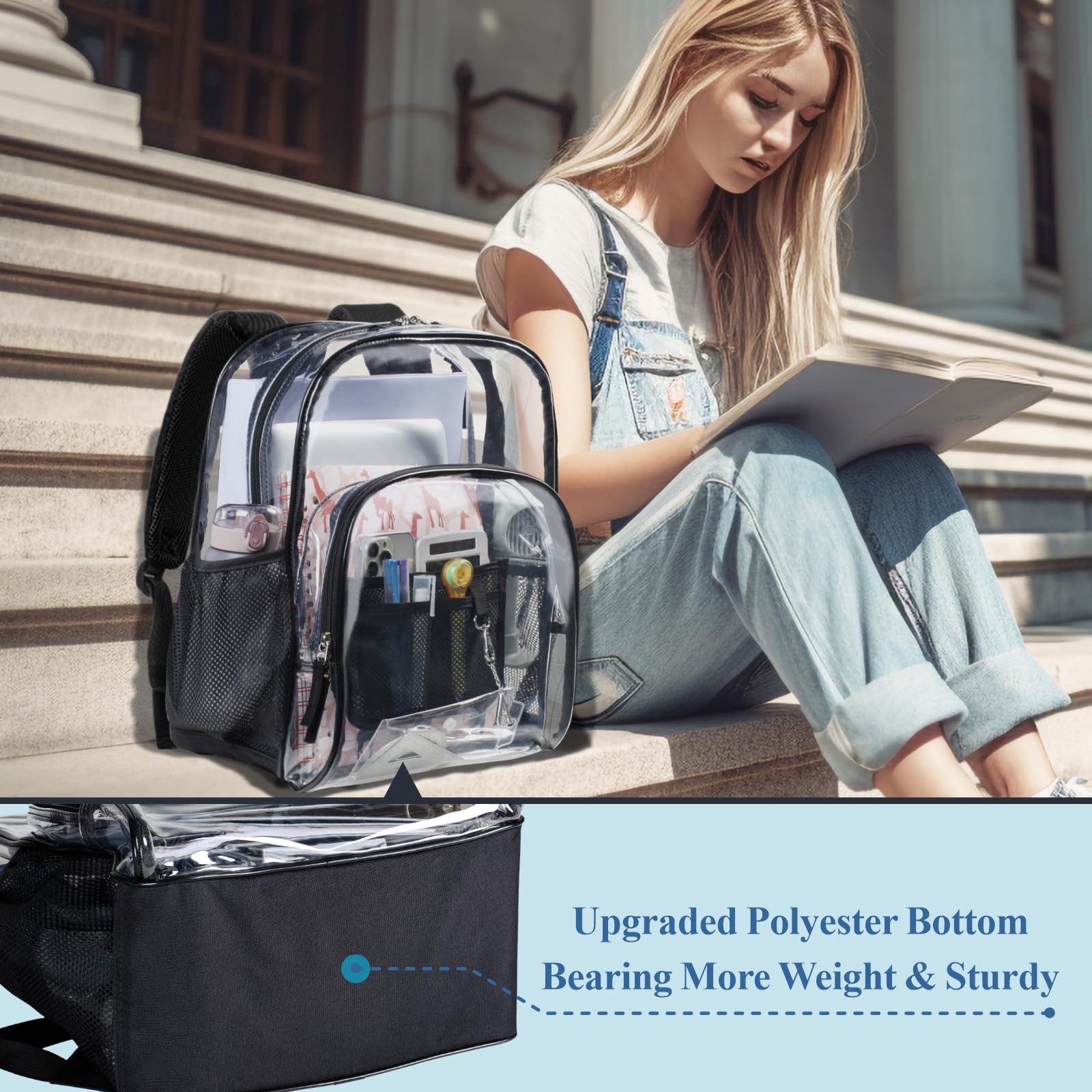 PACKISM Clear Backpack, Large Clear Backpack Heavy Duty Sturdy Shape Transparent Backpack, PVC See Through Backpack Clear Bookbag for Student, School, Workplace, Travel, Black
