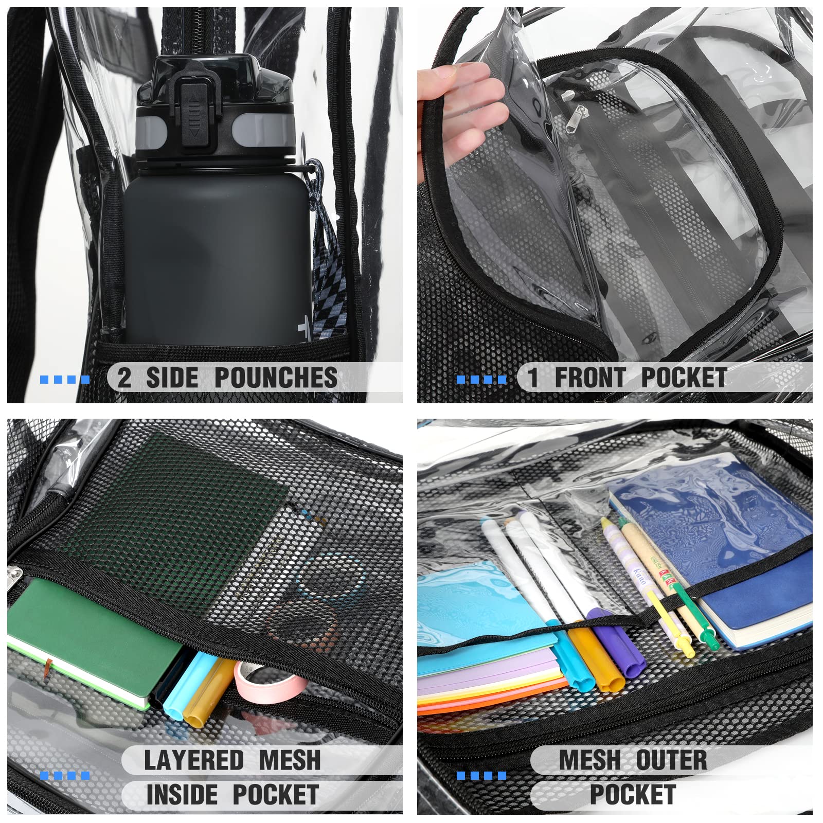 IMUXYUQ Clear Backpack Heavy Duty Clear Backpack With Front Accessory Pocket Reinforced Straps Built-In Key Hook Clear Backpacks, For School Work Sport Event