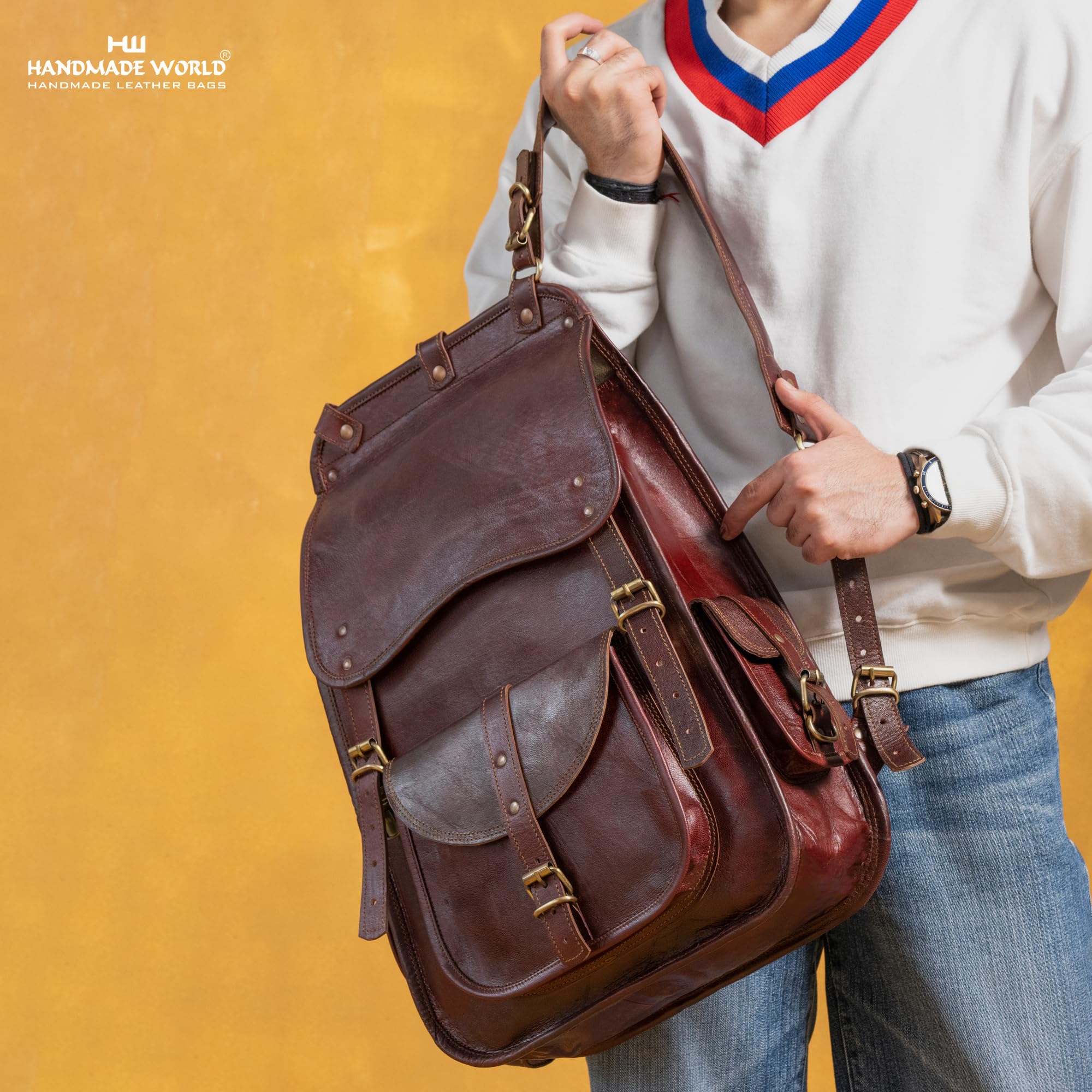 Handmade World Vintage Full Grain 21 Inch Leather Laptop LARGE Backpack Casual Bookbag Daypack Camping Travel Rucksack Knapsack