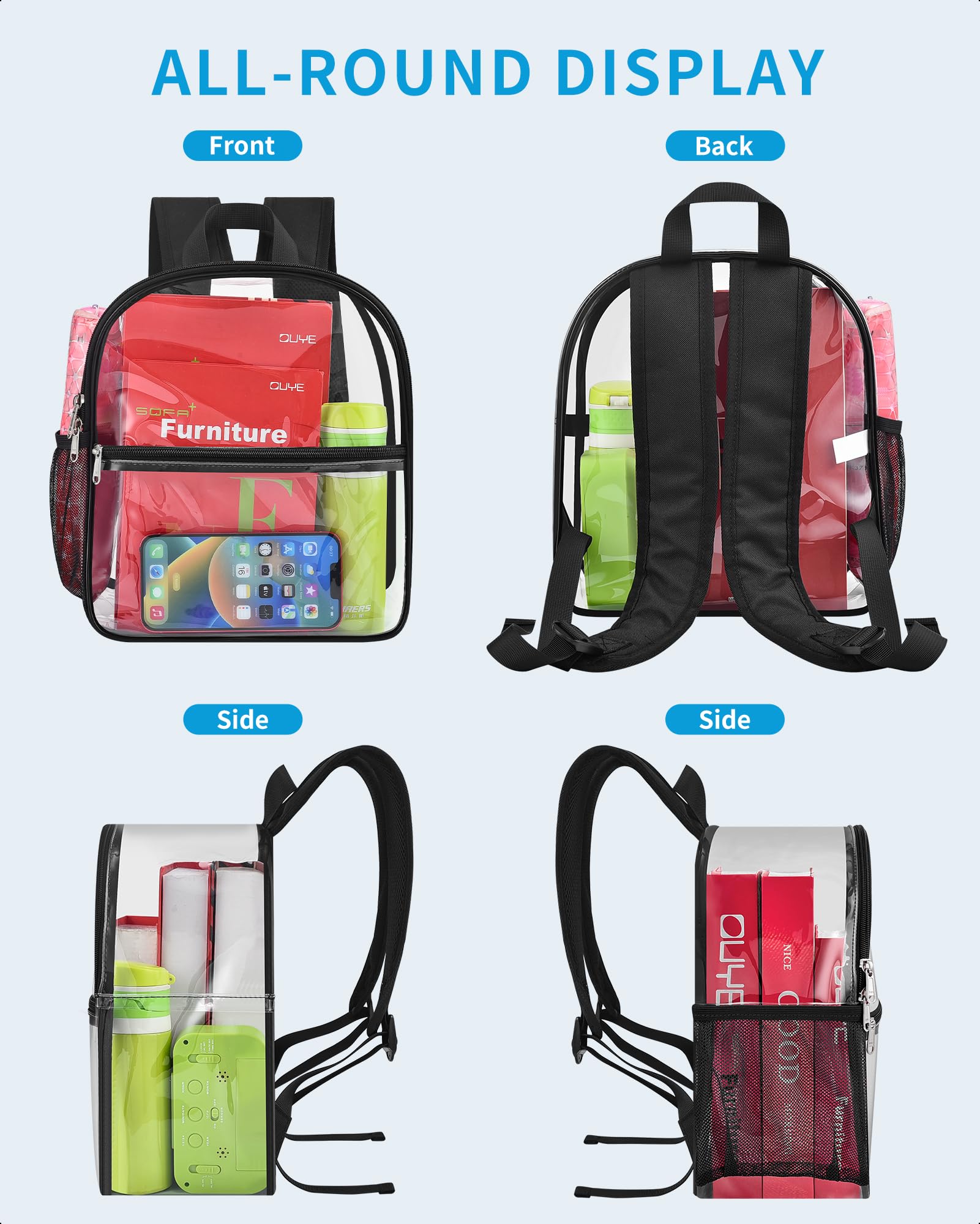 Paxiland Clear Backpack Stadium Approved 12×12×6, Clear Backpack Heavy Duty with Wider Shoulder Straps, Clear Mini Backpack for Concert Sport Events Work Travel School