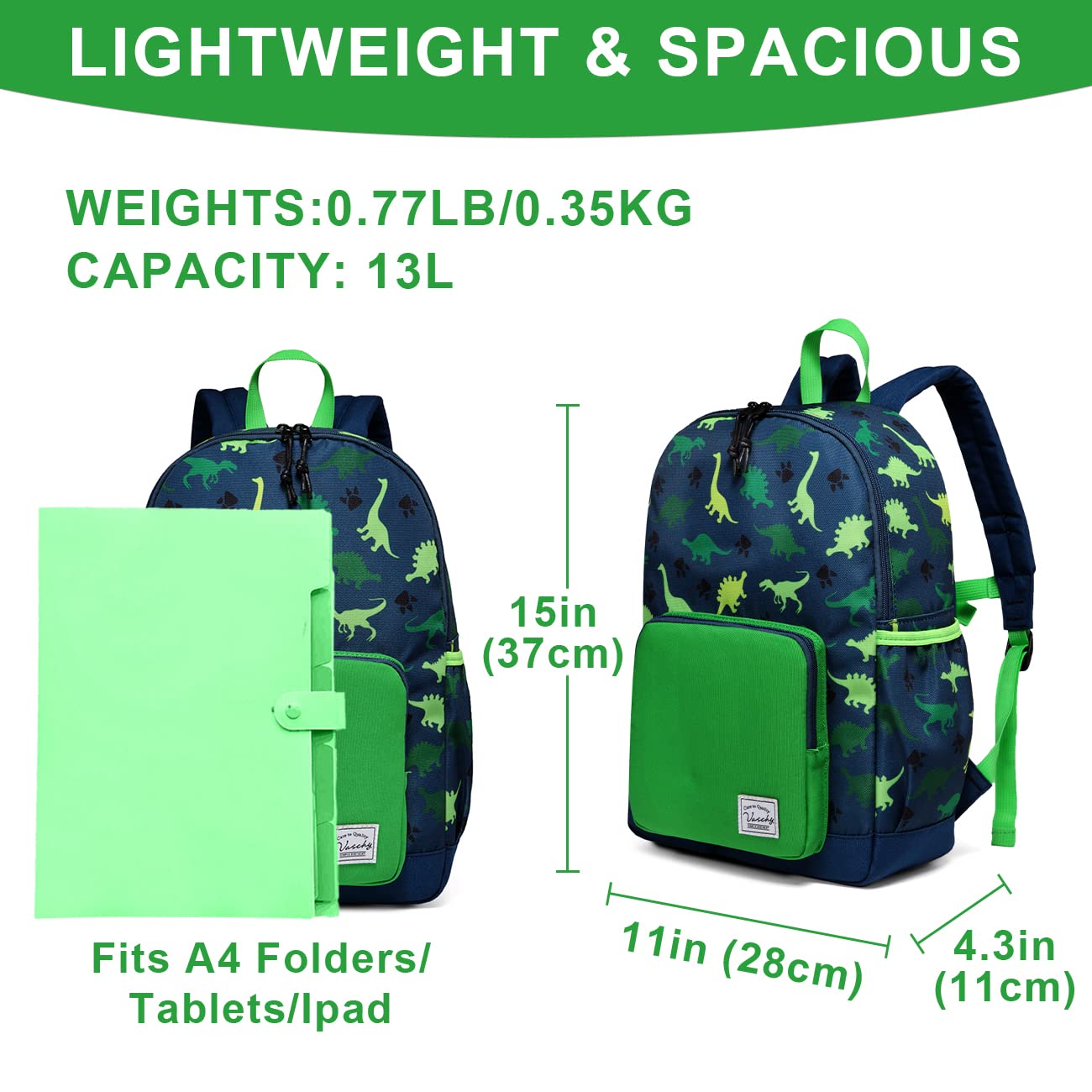 VASCHY Kids Backpack for Boys, Cute Lightweight Water Resistant Preschool Backpack for Boys and Girls Kindergarten Bookbag Dinosaur