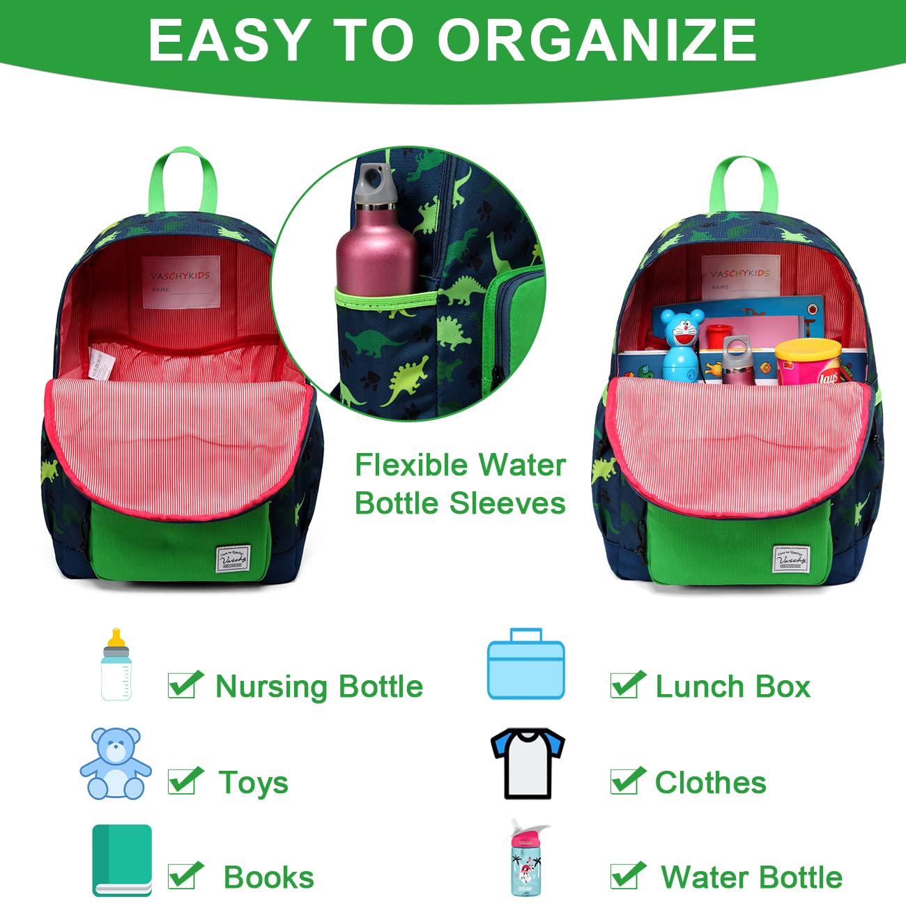 VASCHY Kids Backpack for Boys, Cute Lightweight Water Resistant Preschool Backpack for Boys and Girls Kindergarten Bookbag Dinosaur
