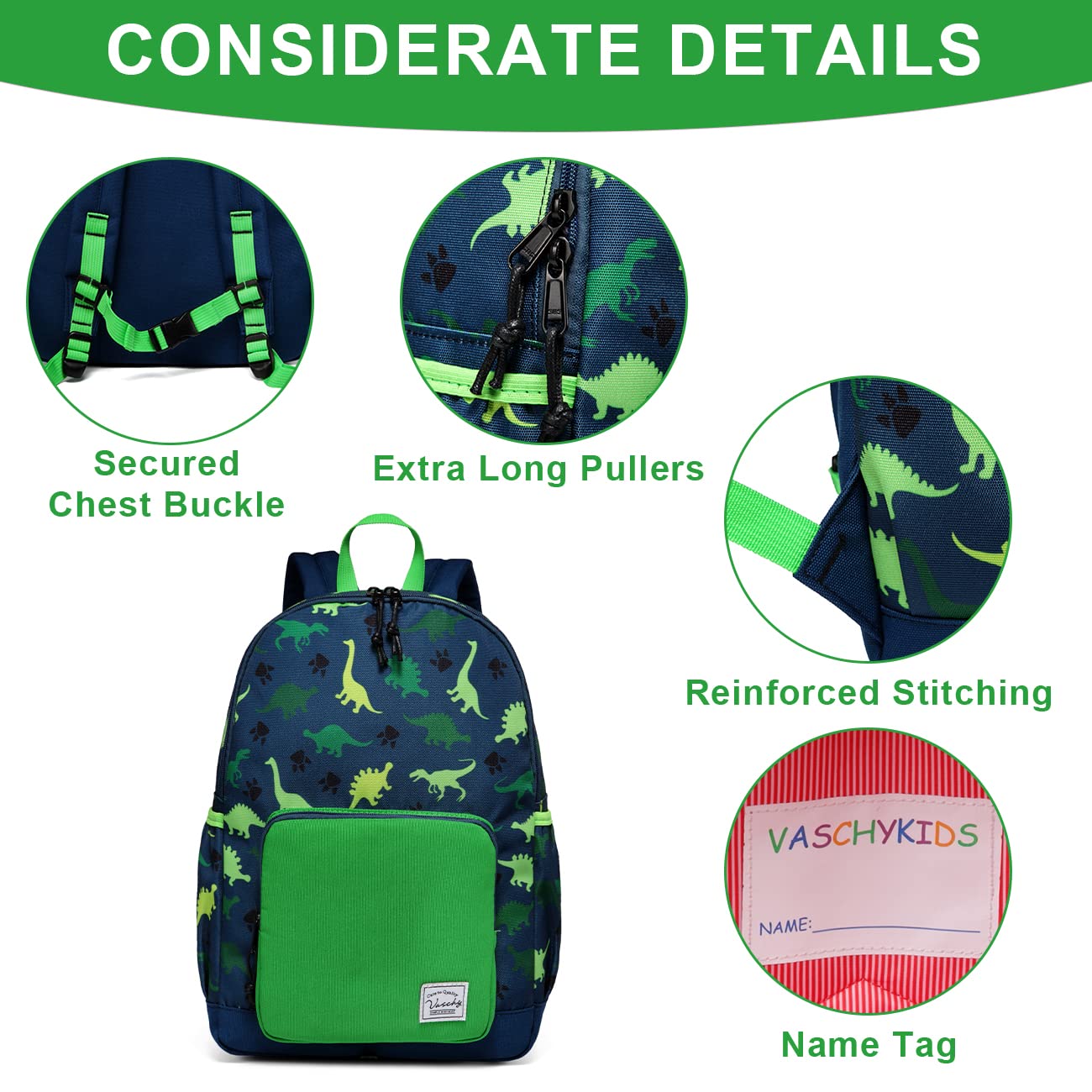 VASCHY Kids Backpack for Boys, Cute Lightweight Water Resistant Preschool Backpack for Boys and Girls Kindergarten Bookbag Dinosaur