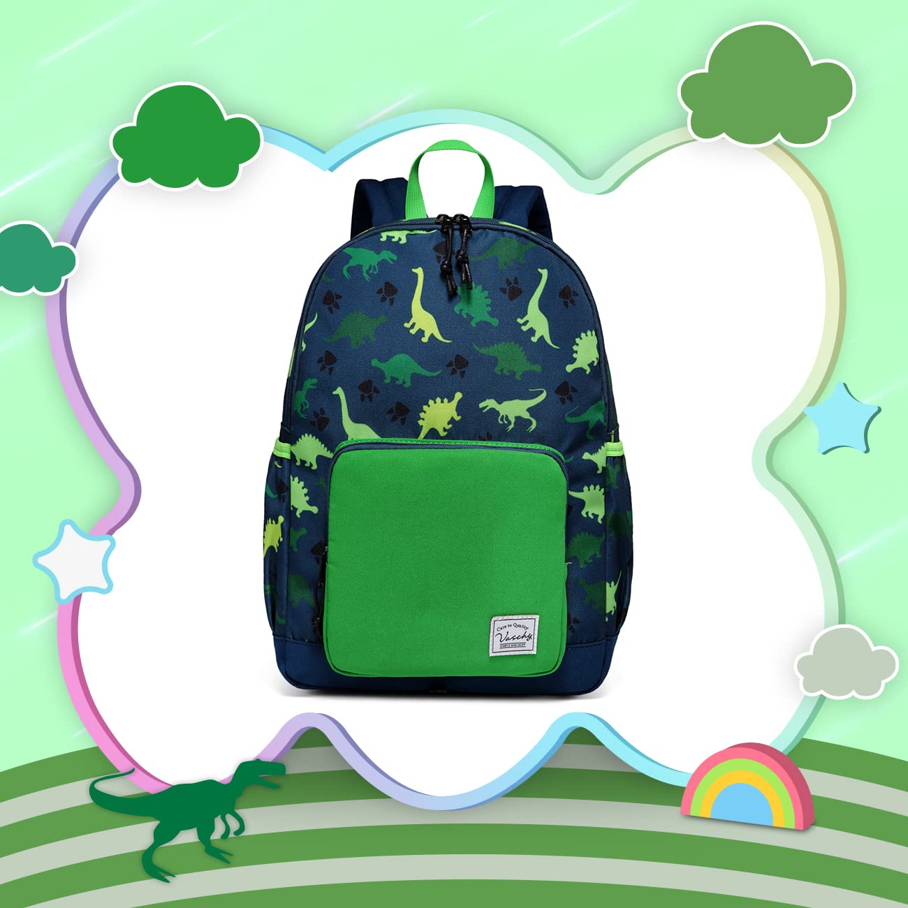 VASCHY Kids Backpack for Boys, Cute Lightweight Water Resistant Preschool Backpack for Boys and Girls Kindergarten Bookbag Dinosaur