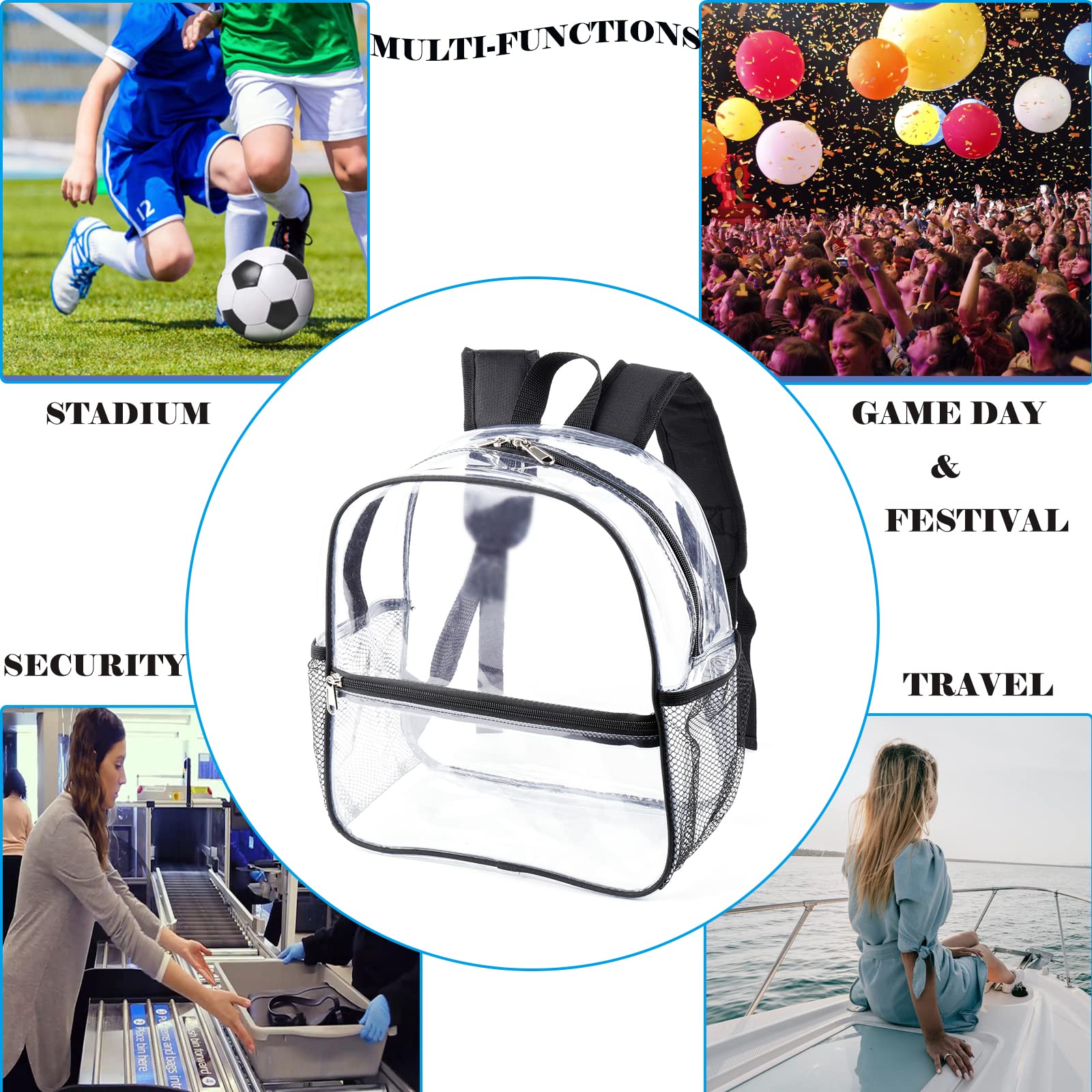 Fomaris Mini Clear Backpack 12x12x6 Stadium Approved Clear Backpacks Small Plastic Transparent Backpack for Sports Event Concert (Black)