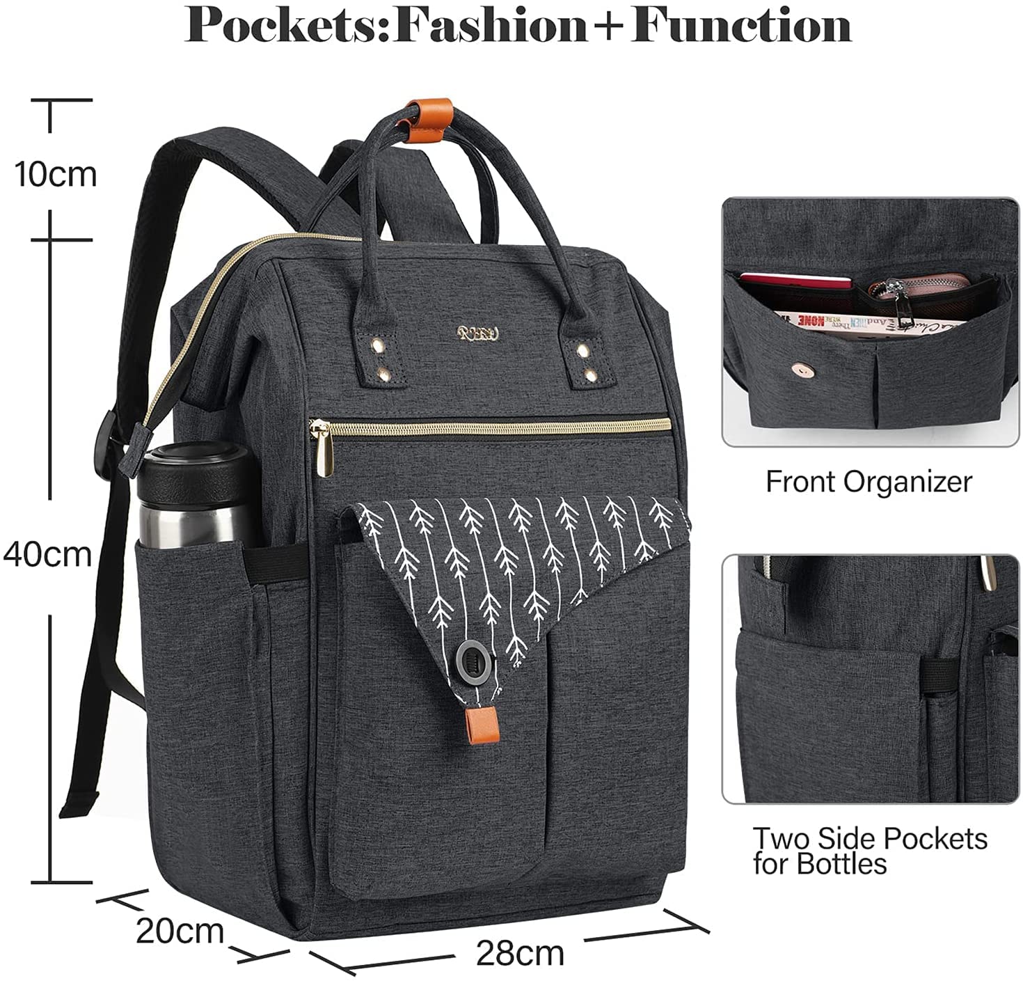 RJEU Backpack for Women, Anti Theft Slim Durable Travel Laptop Backpack with USB Charging Port, Water Resistant College School Backpack Fits 15.6 Inch Notebook, Black