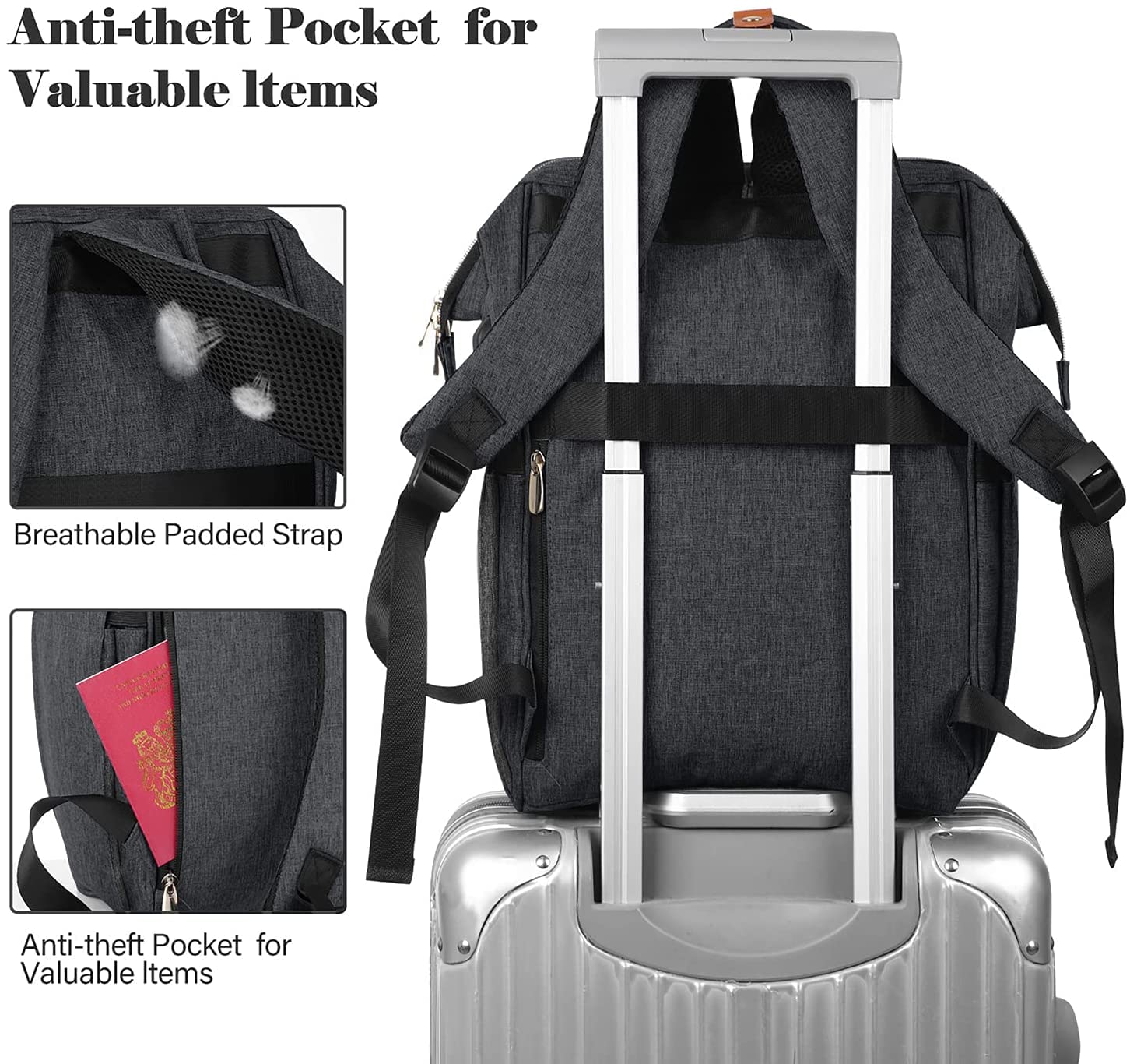 RJEU Backpack for Women, Anti Theft Slim Durable Travel Laptop Backpack with USB Charging Port, Water Resistant College School Backpack Fits 15.6 Inch Notebook, Black