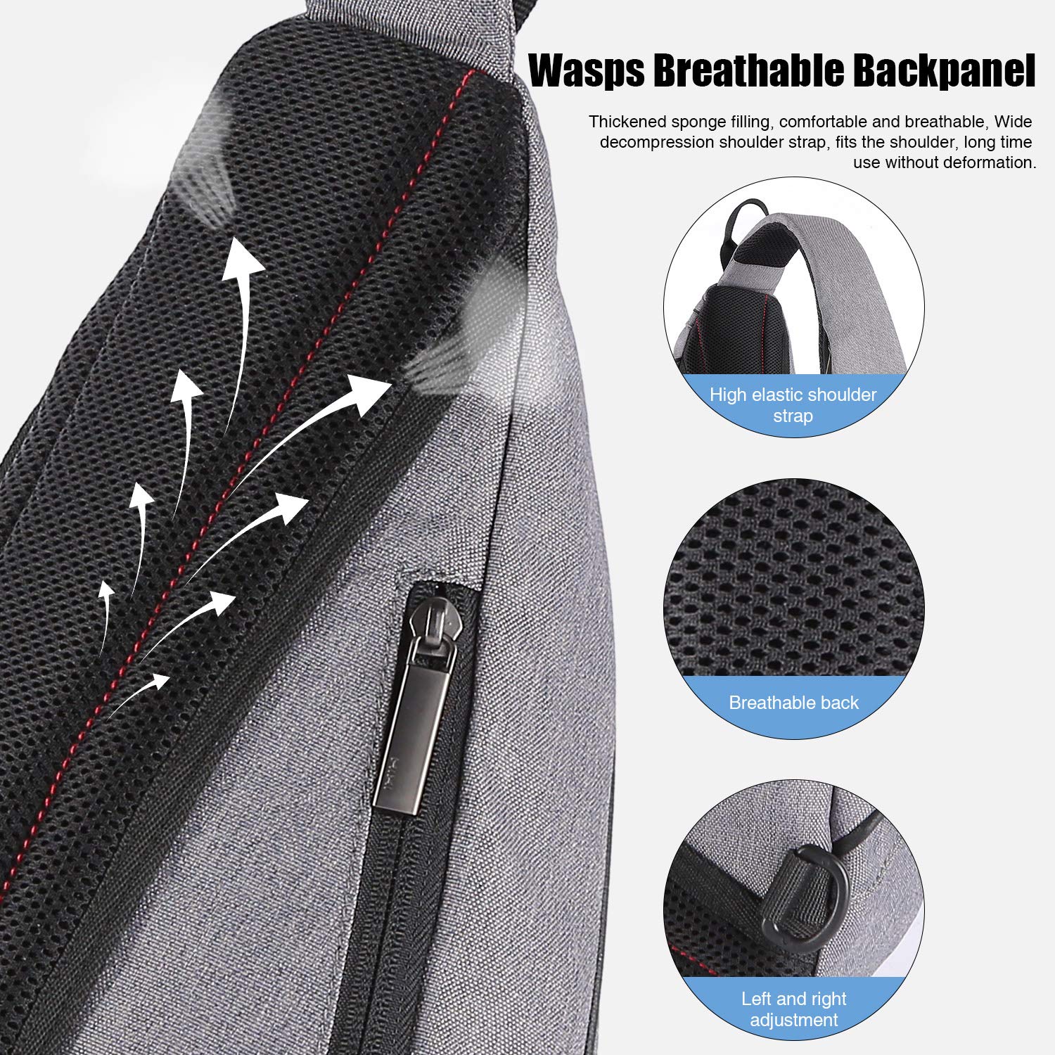 Hanke Sling Bag Men Backpack Unisex One Shoulder Bag Hiking Travel Backpack Crossbody with USB Port for Men Women Versatile Casual Daypack-19 inch,Black