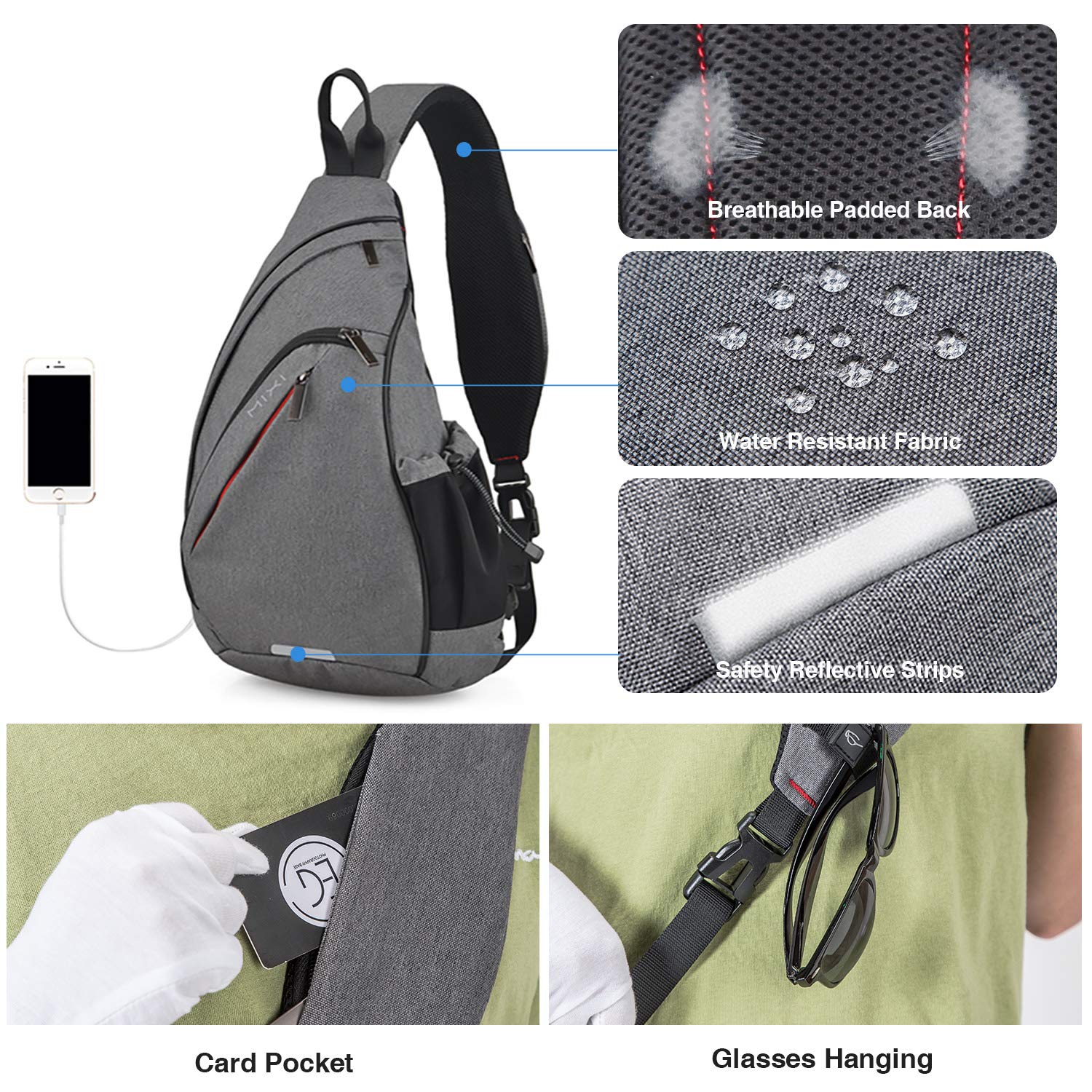 Hanke Sling Bag Men Backpack Unisex One Shoulder Bag Hiking Travel Backpack Crossbody with USB Port for Men Women Versatile Casual Daypack-19 inch,Black
