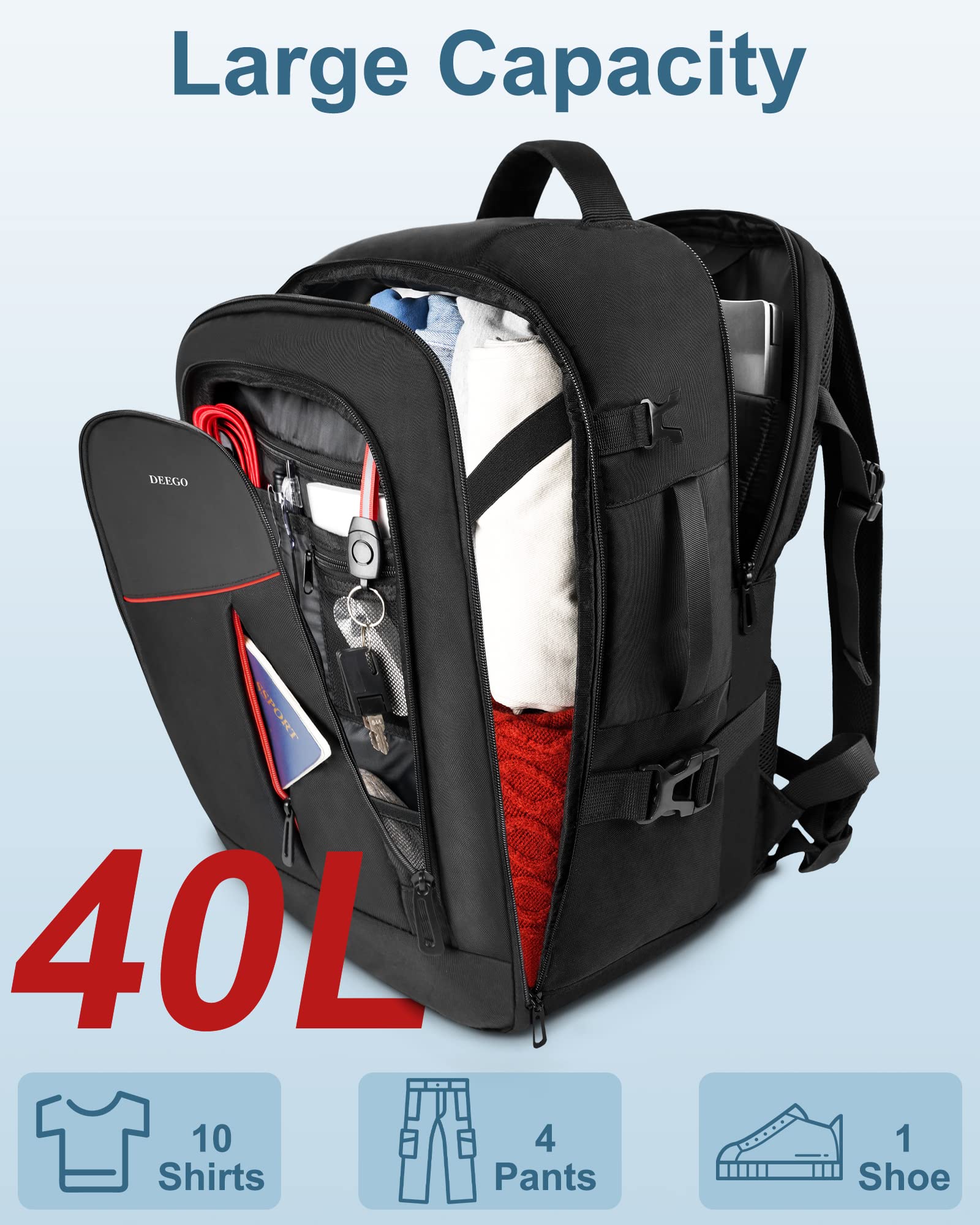 DEEGO Carry on Backpack, 40L Flight Approved Travel Backpack for Men Women, Extra Large International Travel Luggage Backpack Water Resistant Weekender Overnight Bag Daypack Fit 17 Inch Laptop, Black