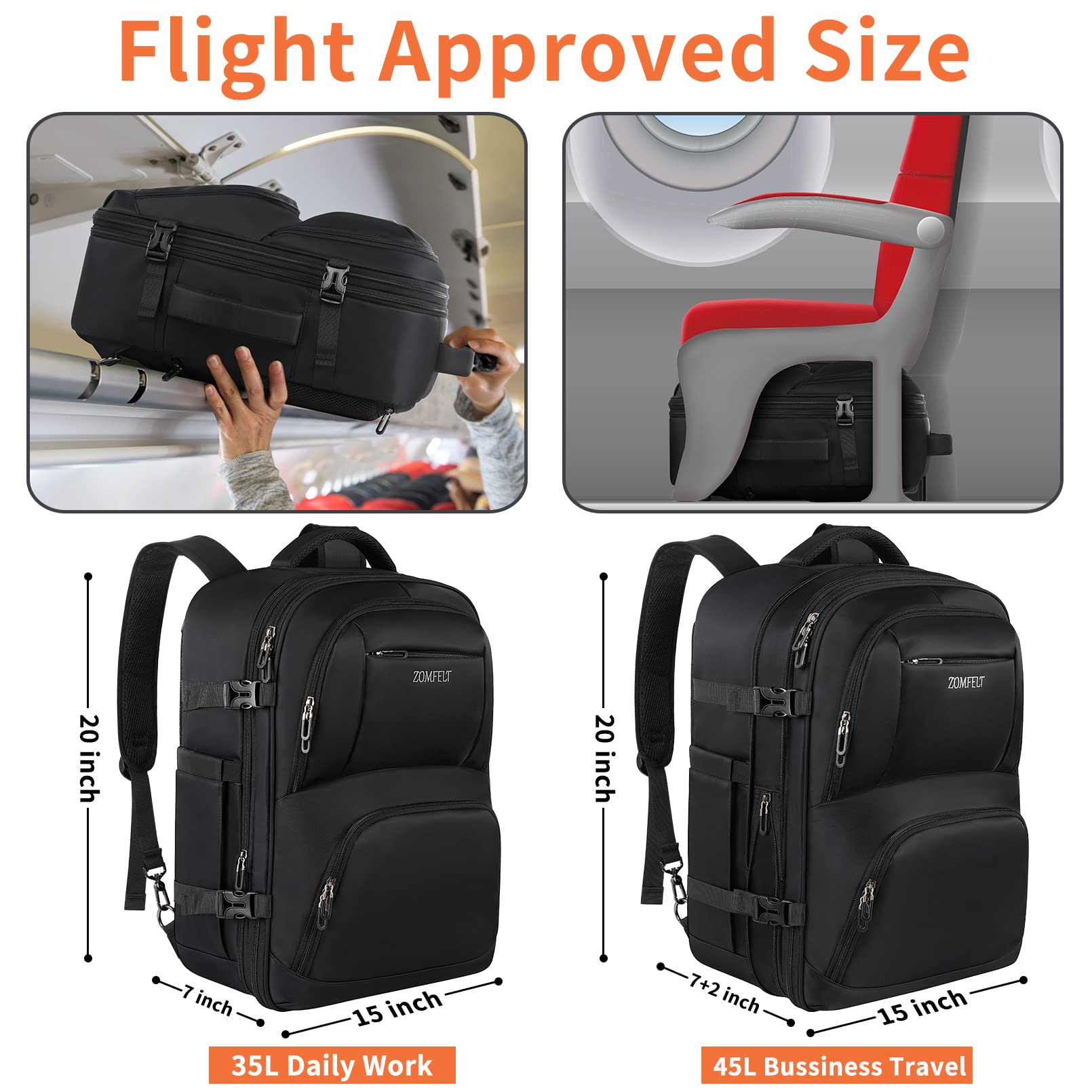 ZOMFELT Carry On Backpack, 45L Travel Backpacks for Men with 3 Packing Cubes, 17.3 Inch Laptop Backpack Flight Approved Carry On Bag for Travel, Water Resistant Expandable Business Weekender Bag