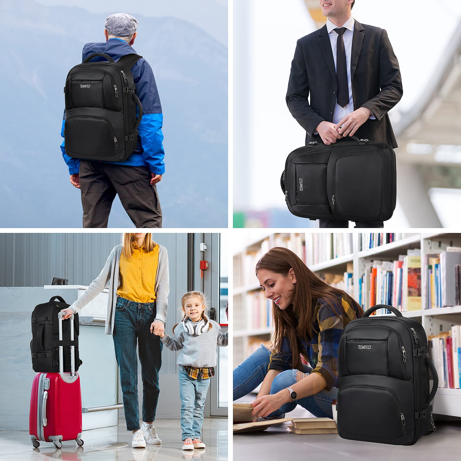 ZOMFELT Carry On Backpack, 45L Travel Backpacks for Men with 3 Packing Cubes, 17.3 Inch Laptop Backpack Flight Approved Carry On Bag for Travel, Water Resistant Expandable Business Weekender Bag