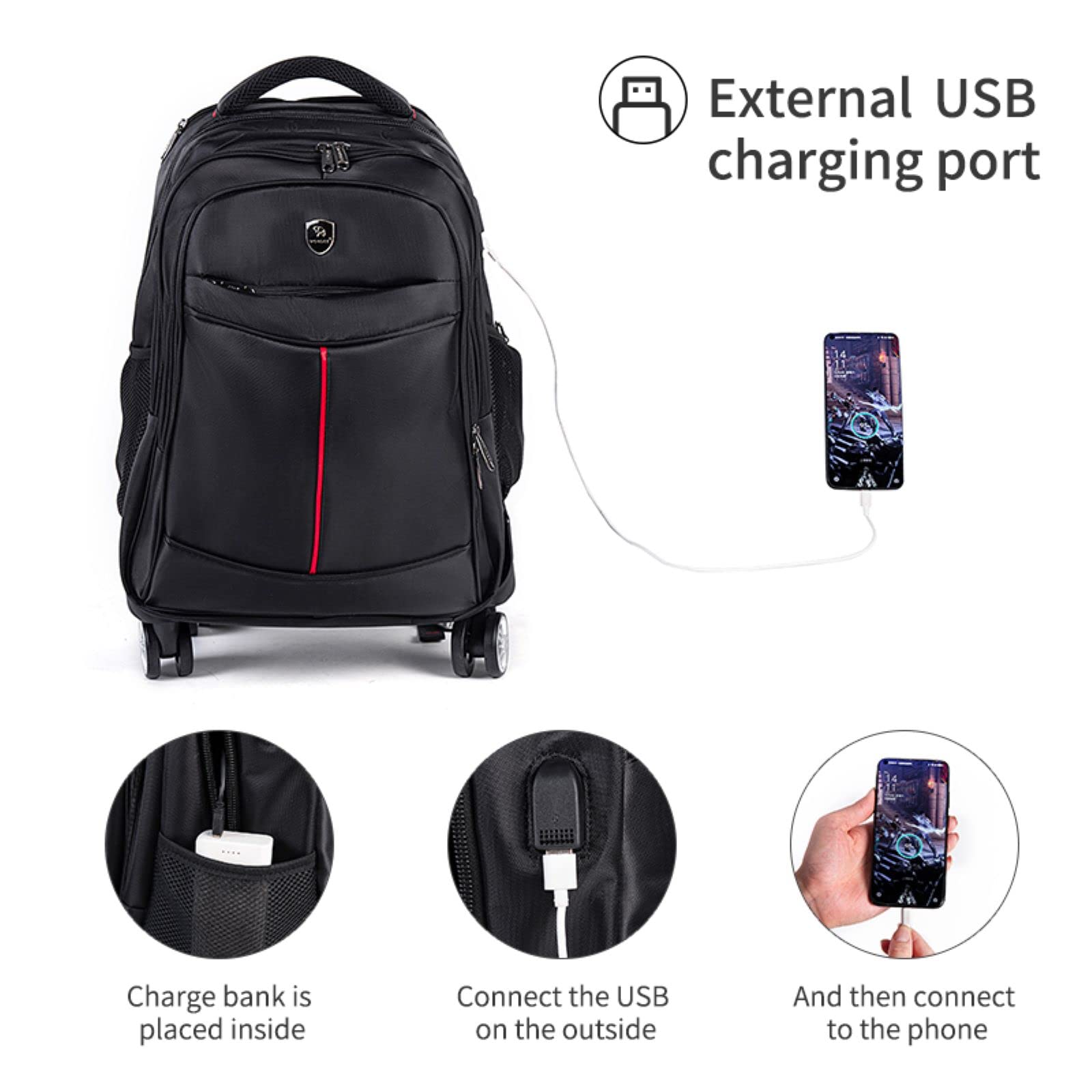 Temilla Rolling Backpack with 4 Wheels，360° Rotating Waterproof backpack with wheels，Computer Bag With Rollers And USB for Men Women, Fit 15.6 Inch laptop,For Tourism Business School