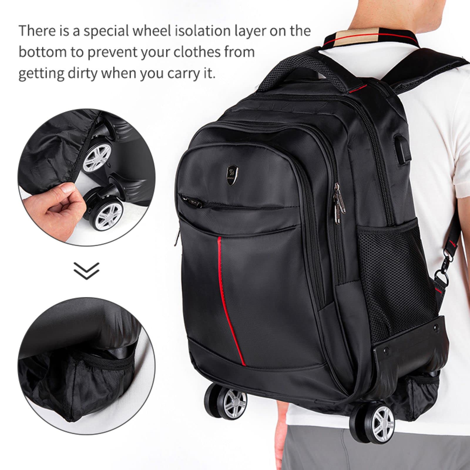 Temilla Rolling Backpack with 4 Wheels，360° Rotating Waterproof backpack with wheels，Computer Bag With Rollers And USB for Men Women, Fit 15.6 Inch laptop,For Tourism Business School
