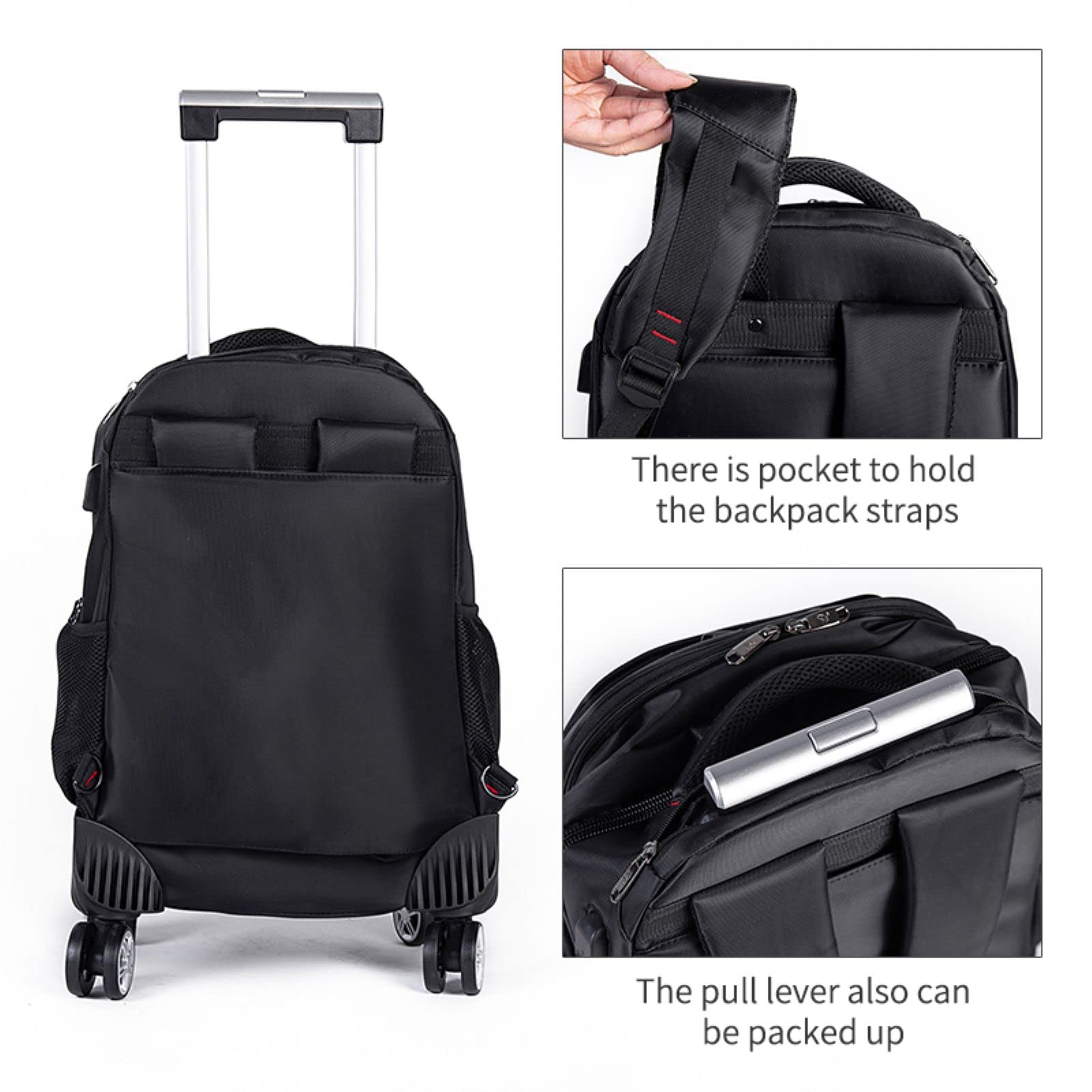 Temilla Rolling Backpack with 4 Wheels，360° Rotating Waterproof backpack with wheels，Computer Bag With Rollers And USB for Men Women, Fit 15.6 Inch laptop,For Tourism Business School