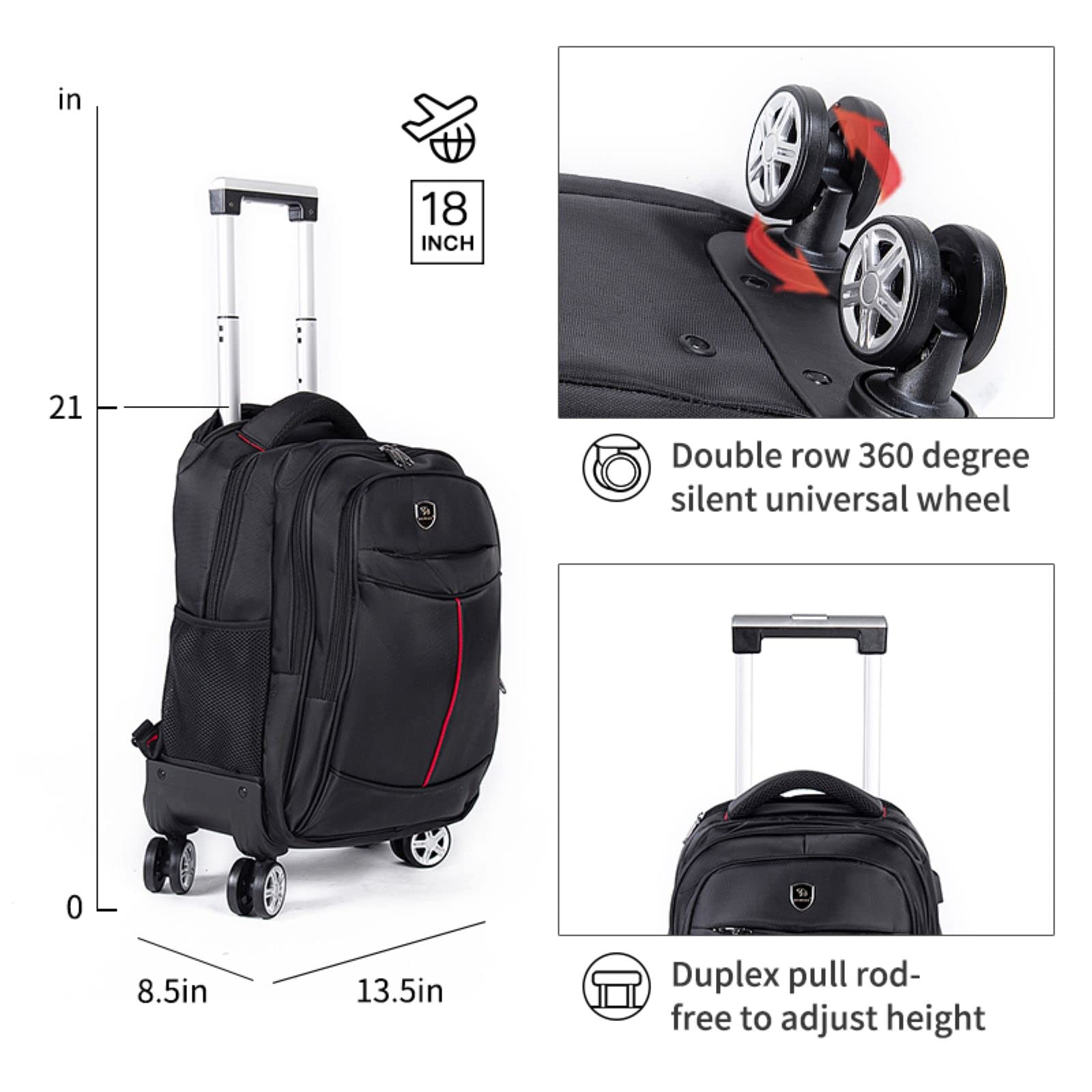 Temilla Rolling Backpack with 4 Wheels，360° Rotating Waterproof backpack with wheels，Computer Bag With Rollers And USB for Men Women, Fit 15.6 Inch laptop,For Tourism Business School