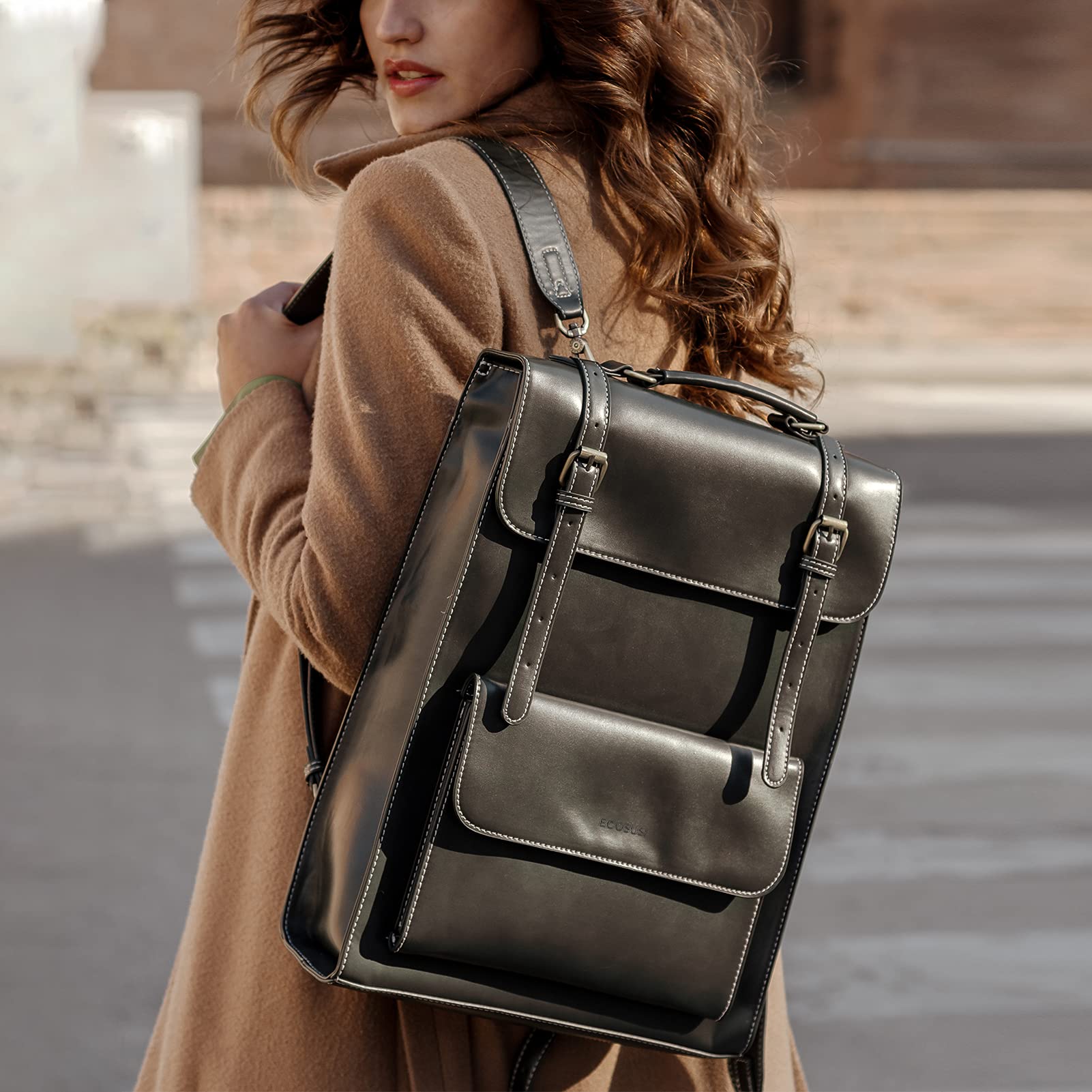 ECOSUSI Laptop Backpack for Women PU Leather Backpack Vintage for Laptop 15.6 inches School Bag College Bookbag, Brown